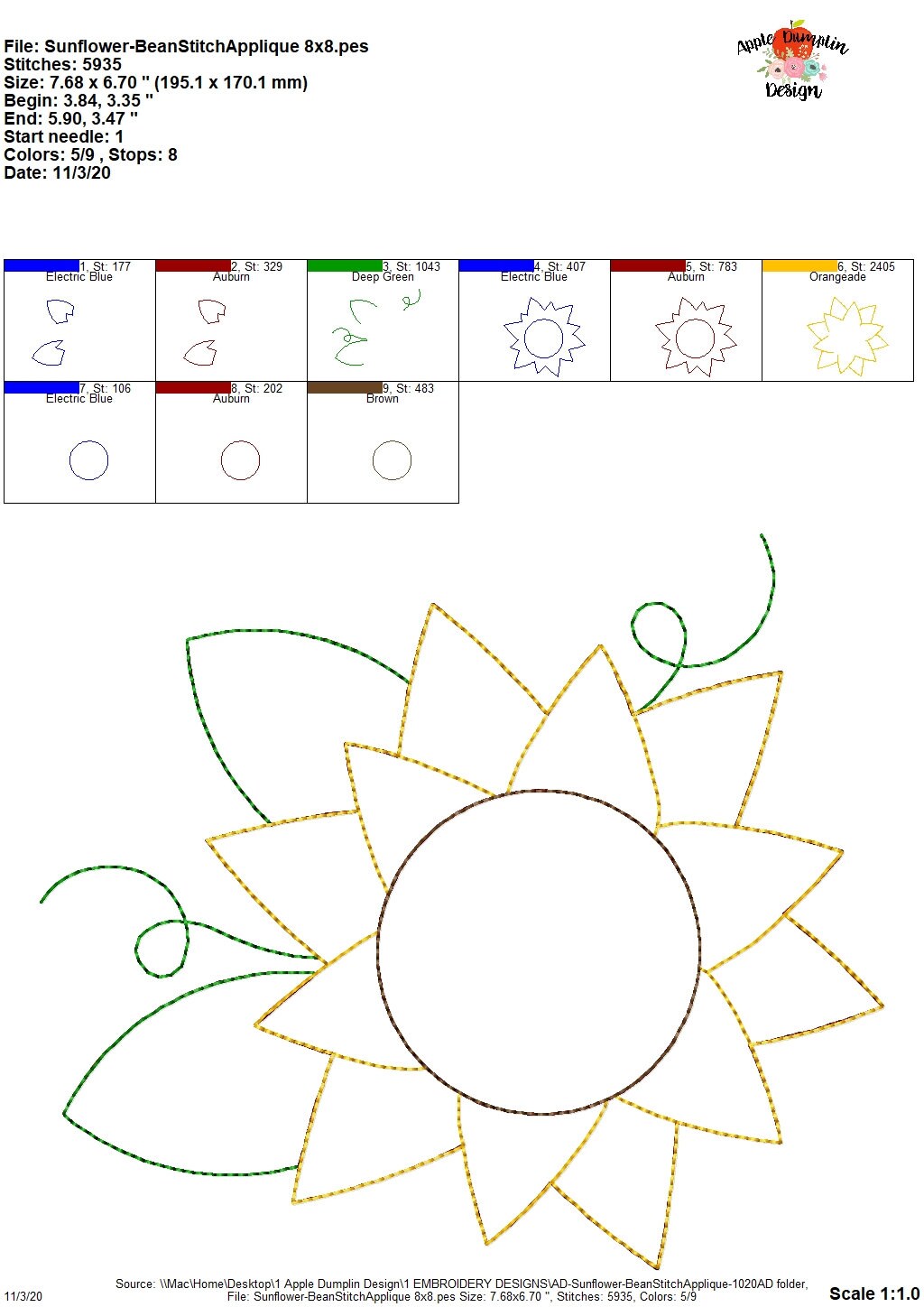 Sunflower, Bean Stitch, Applique, Machine Embroidery, Fall, Flower ...