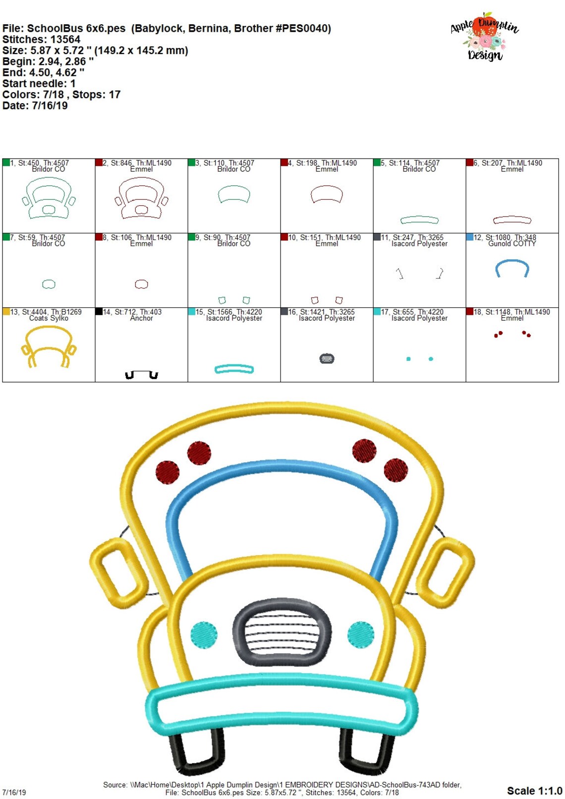 School Bus, Applique Design, Machine Embroidery, Instant Download ...