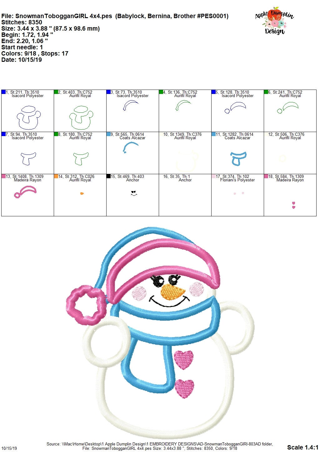 Snowman With Toboggan GIRL Applique Design Embroidery | Etsy