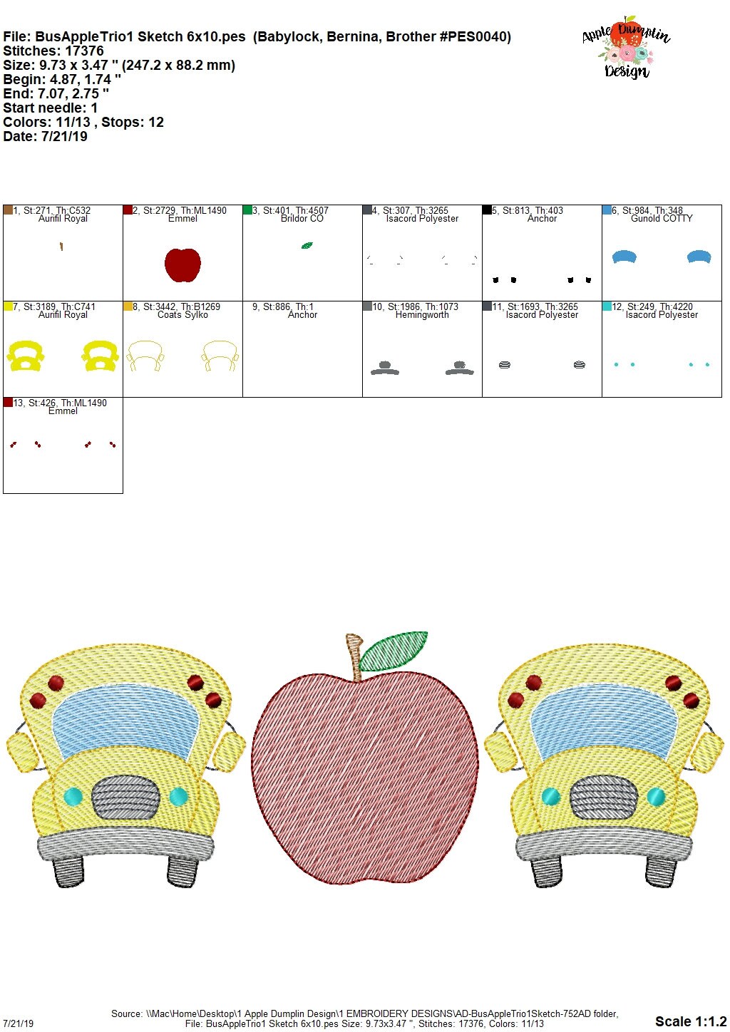 3 in a Row, Bus Apple Trio, Sketch Embroidery Design, Back to School ...