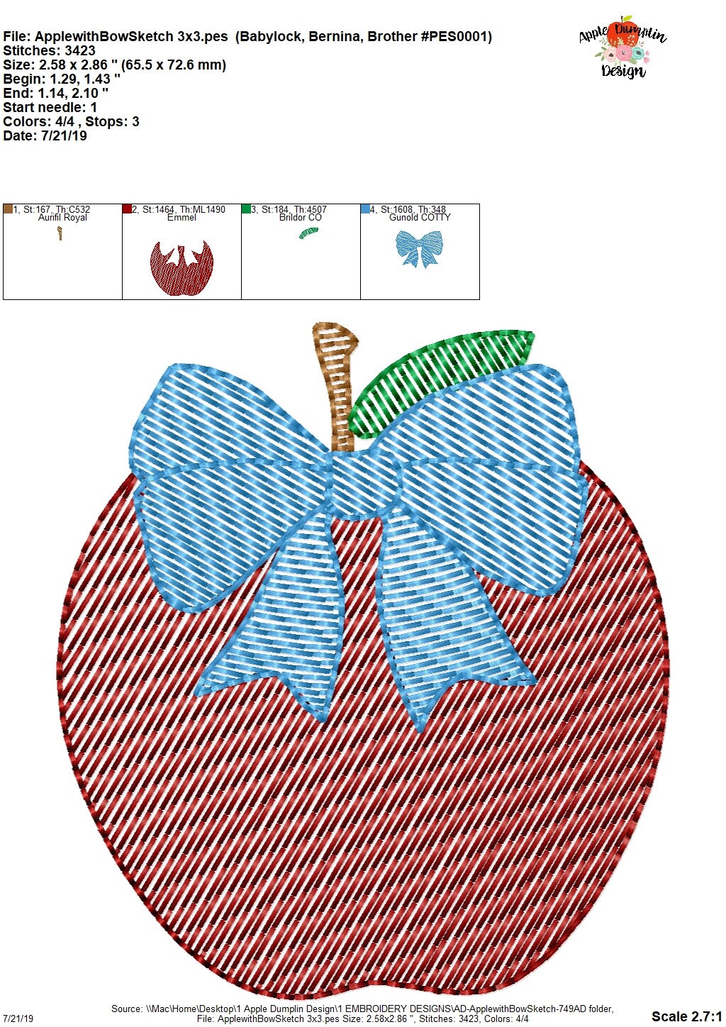 Apple With Bow, Sketch Embroidery Design, Back to School, Boy ...