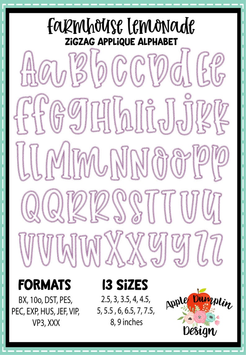 13 Sizes, Farmhouse Lemonade Zigzag Applique Alphabet, Complete ...