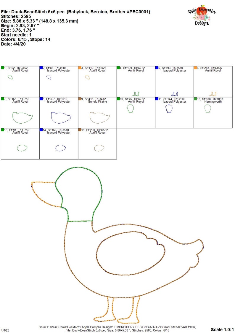 Duck, Bean Stitch, Applique Design, Machine Embroidery, Instant ...