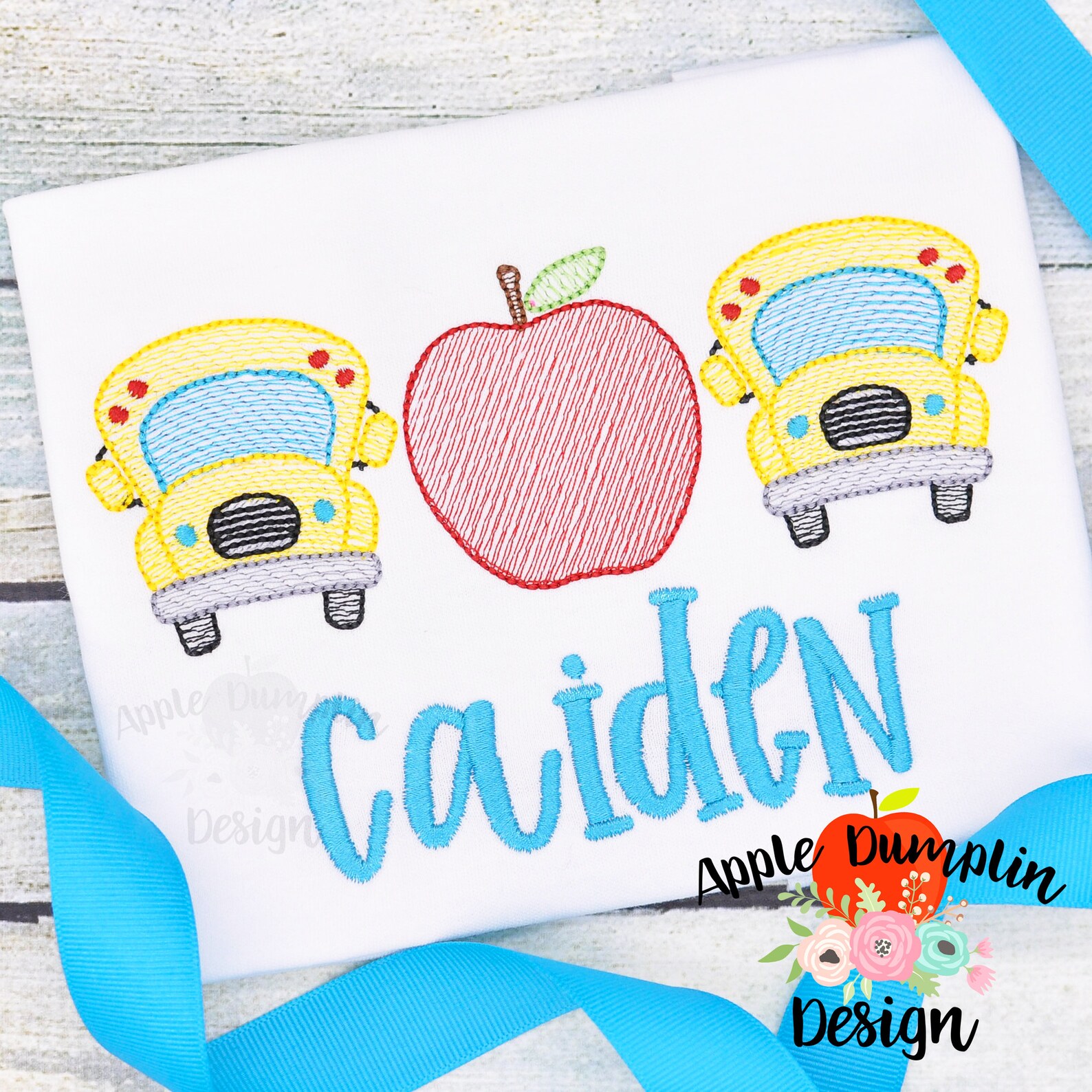 3 in a Row, Bus Apple Trio, Sketch Embroidery Design, Back to School ...