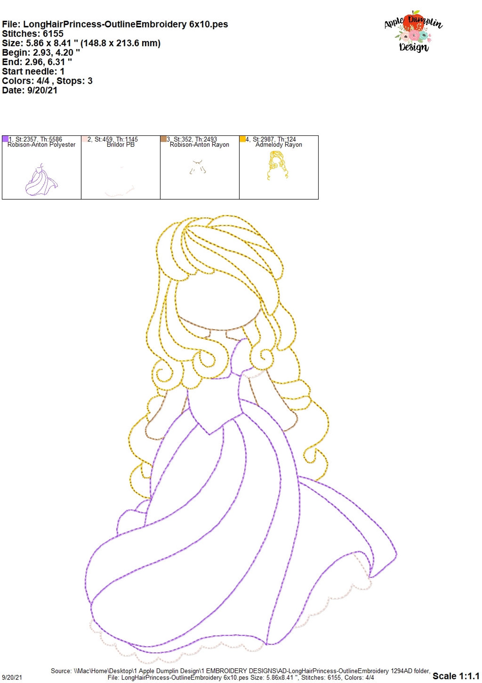 Long Hair Princess Outline Embroidery Vintage Embroidery - Etsy