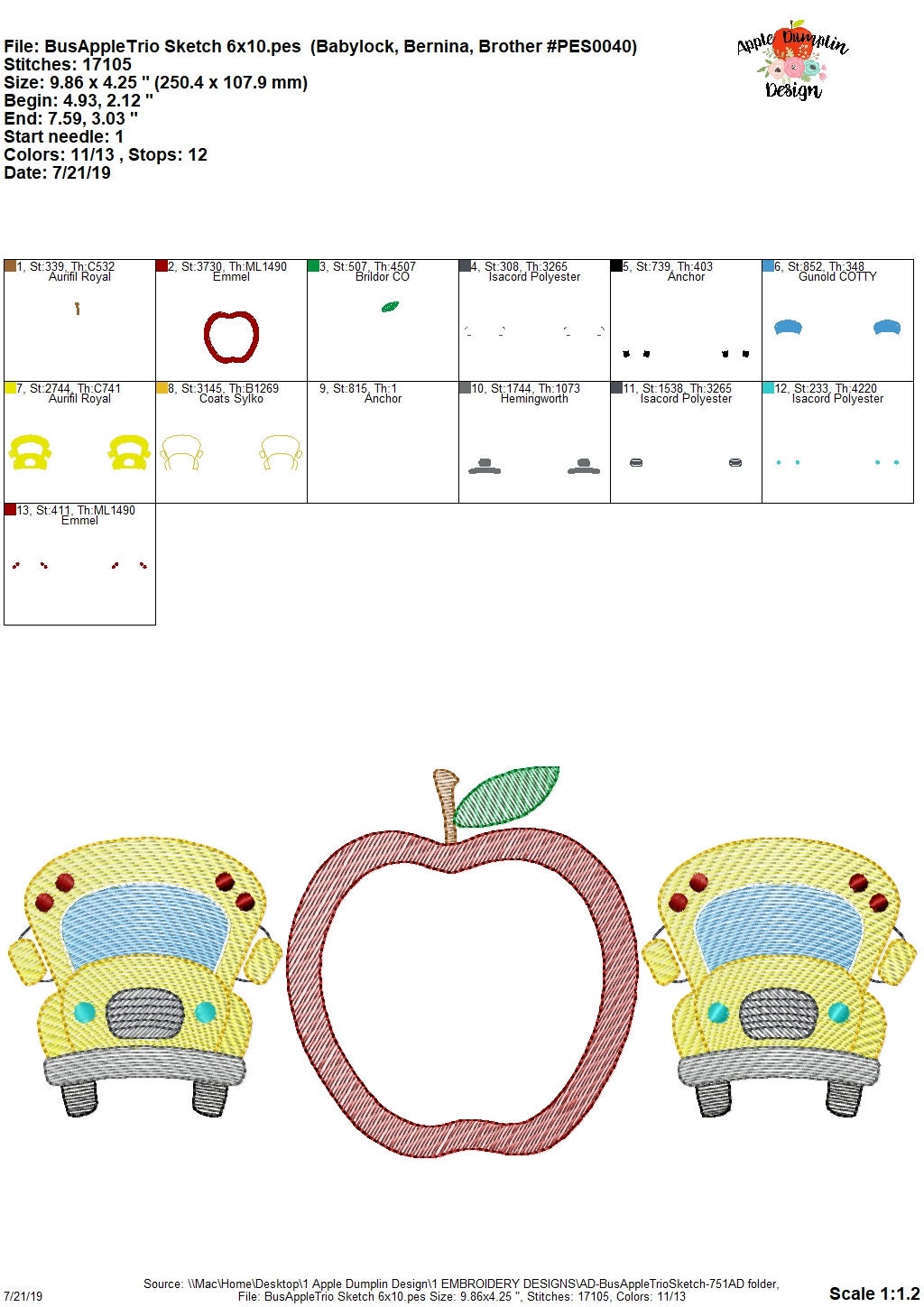 3 in a Row Bus Apple Trio Sketch Embroidery Design Back to - Etsy