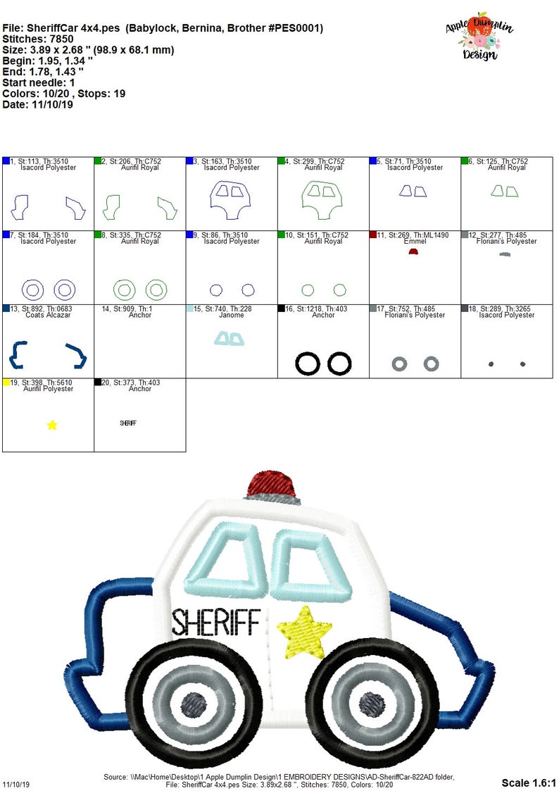 Sheriff Car, Applique Design, Machine Embroidery, Instant Download ...