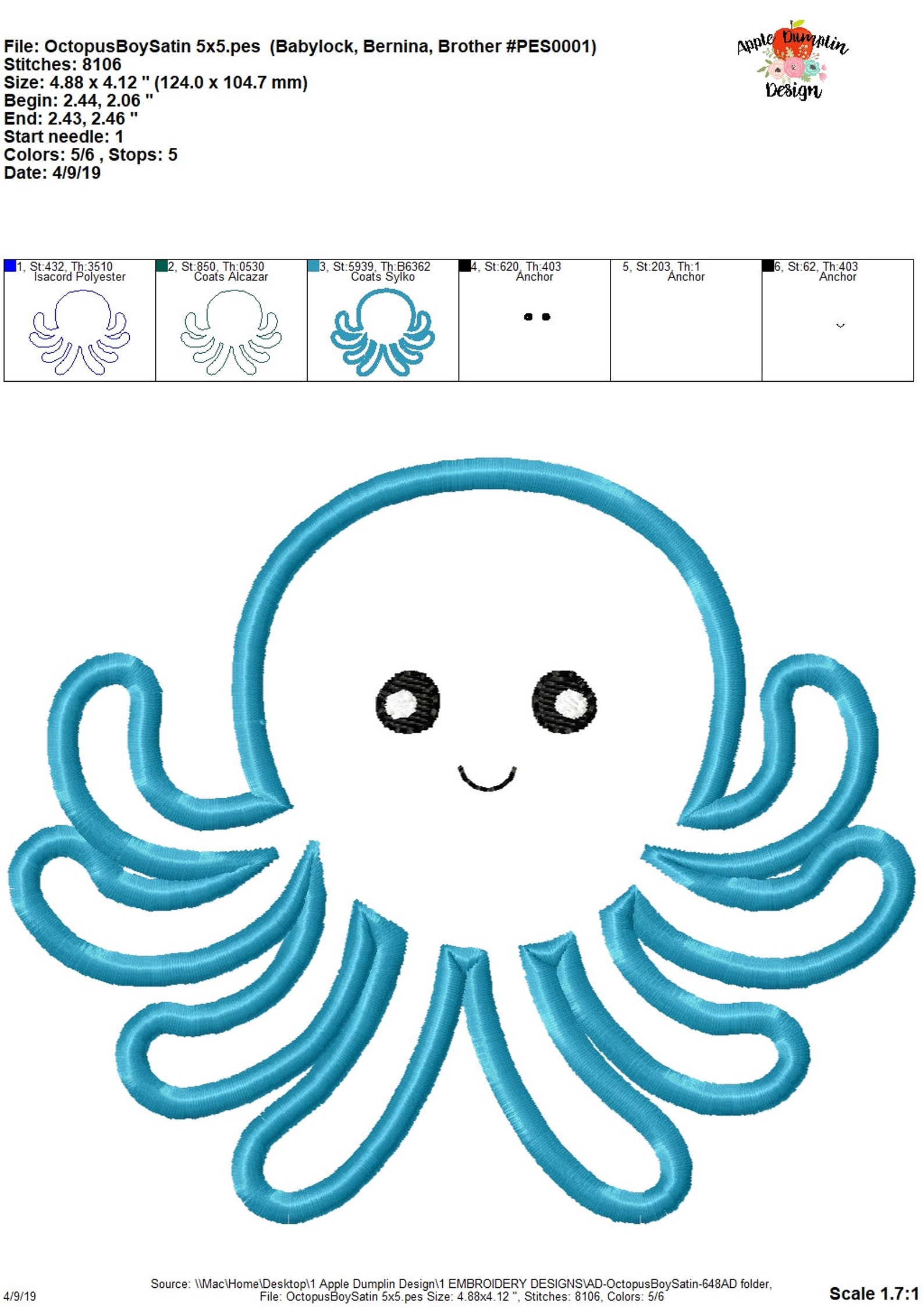 Octopus Applique Design Instant Download 4x4 5x5 6x6 | Etsy