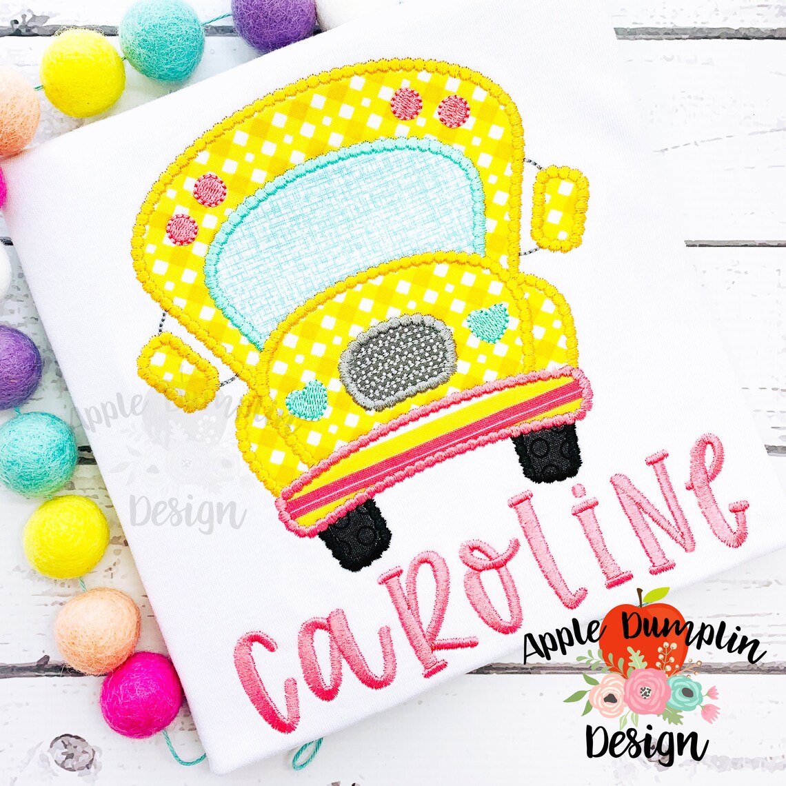 School Bus, Scalloped Satin, Applique Design, Machine Embroidery ...