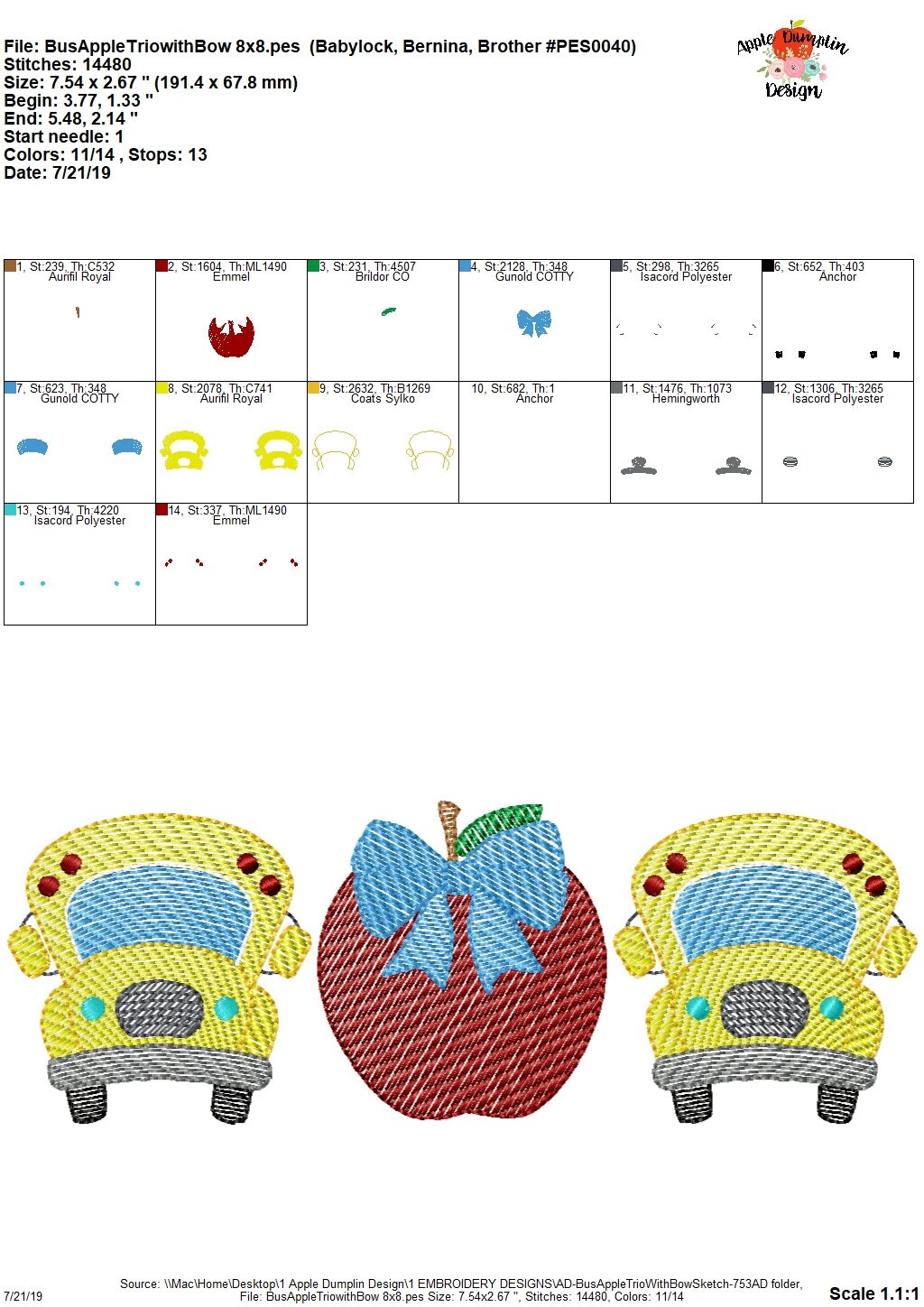 3 in a Row, Bus Apple Trio With Bow, Sketch Embroidery Design, Back to ...