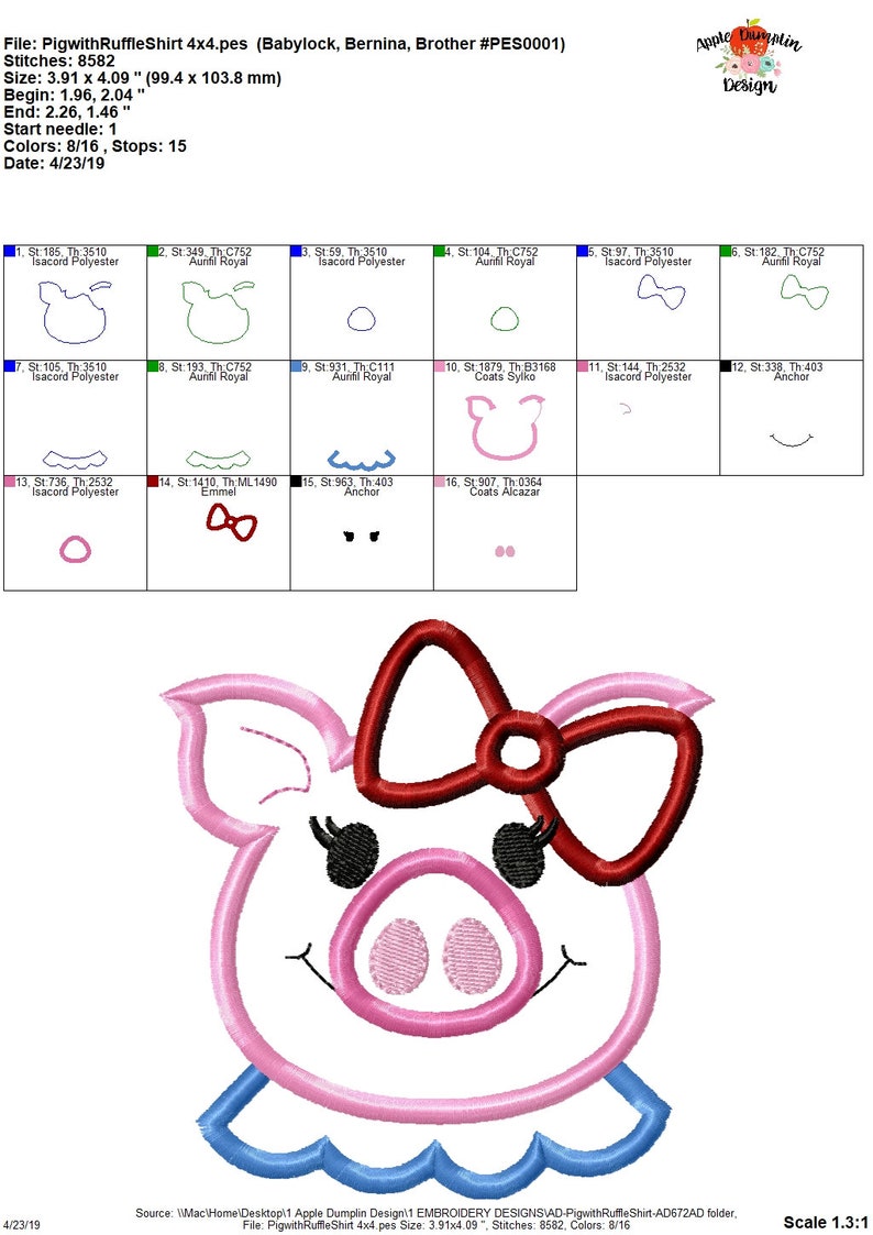 Pig With Ruffle Shirt Applique Design Instant Download 4x4 | Etsy