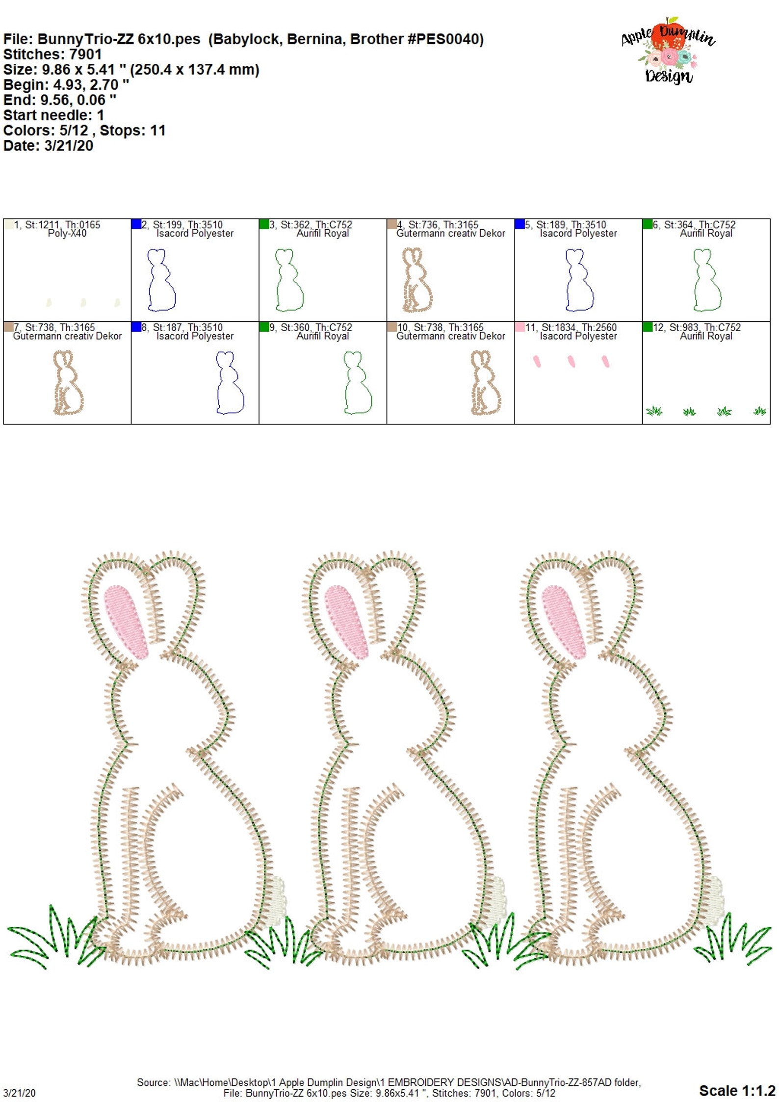 Bunny Trio, Zigzag, Applique Design, Machine Embroidery, Instant ...
