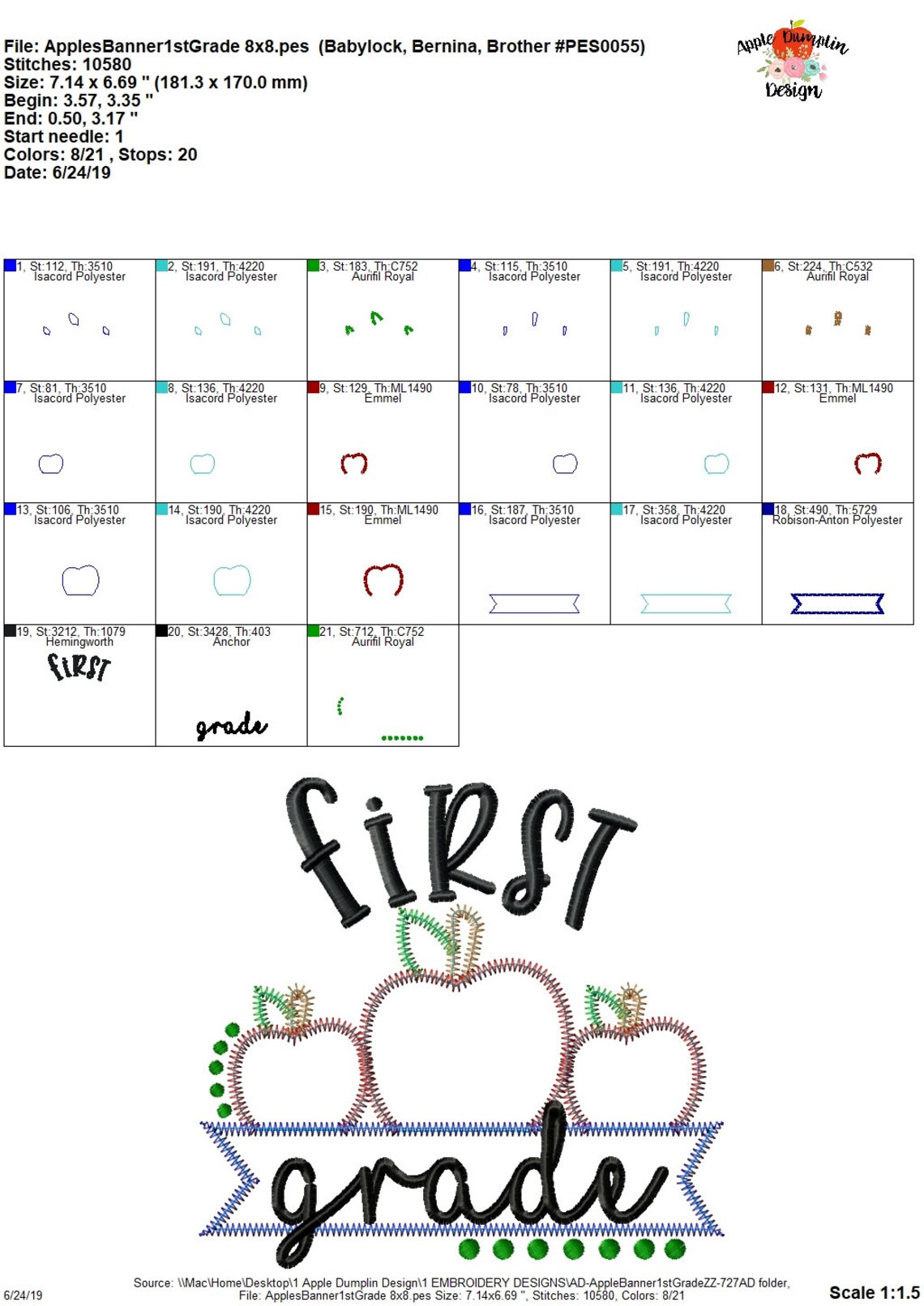First Grade Apples With Banner Zigzag Applique Design - Etsy