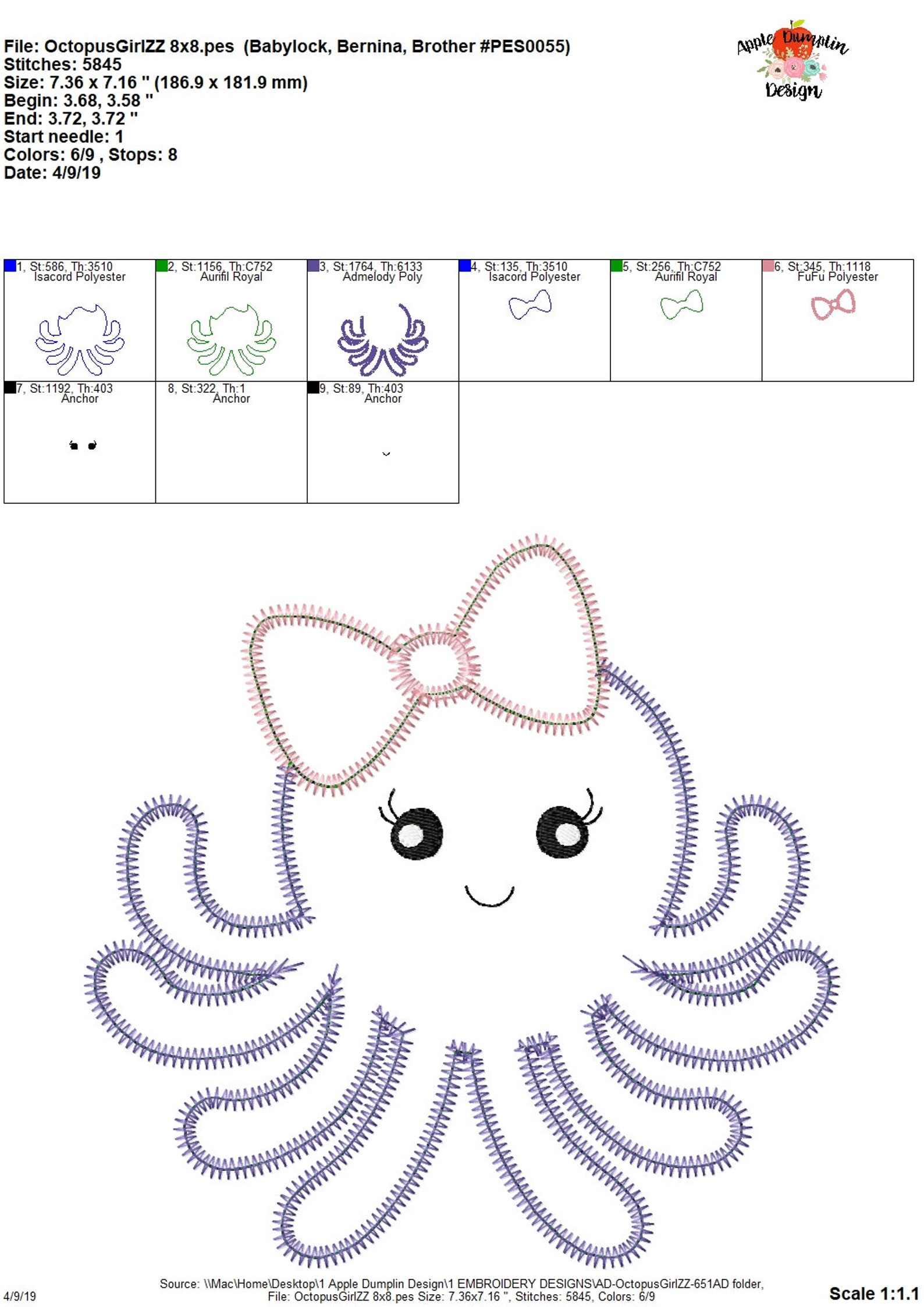Octopus With Bow, Zigzag, Applique Design, Instant Download, 4x4, 5x5 ...