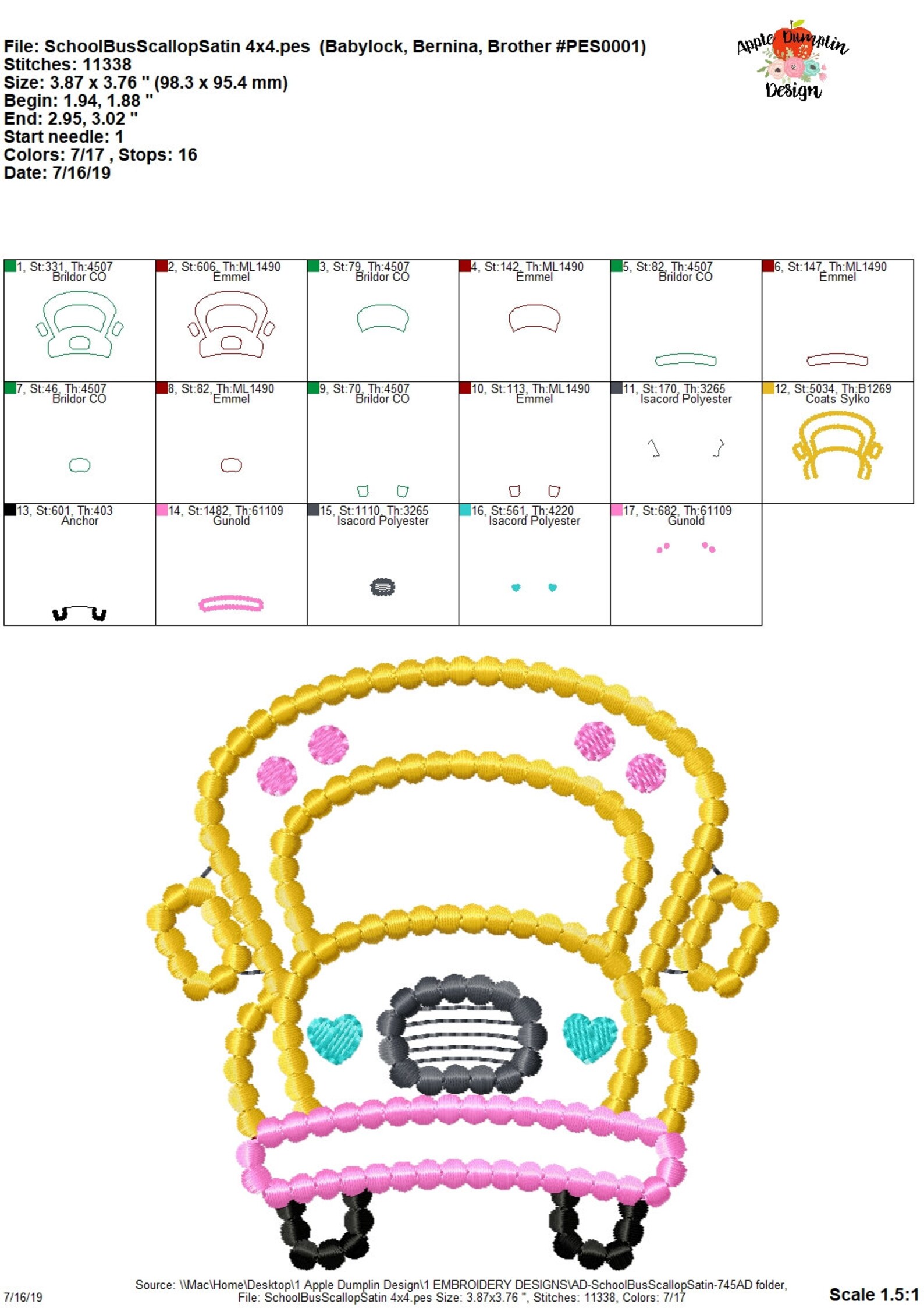 School Bus, Scalloped Satin, Applique Design, Machine Embroidery ...
