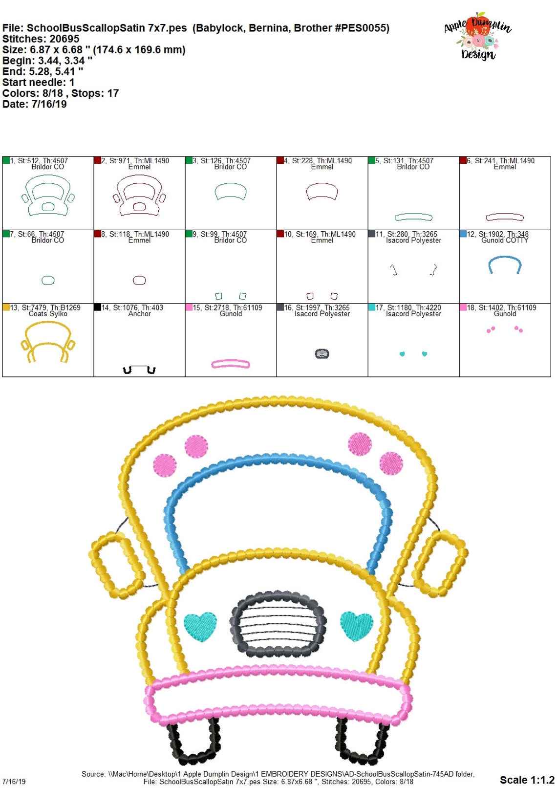 School Bus, Scalloped Satin, Applique Design, Machine Embroidery ...