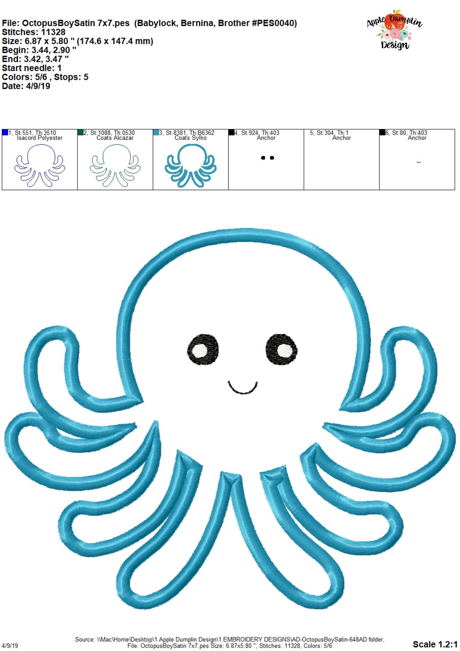 Octopus, Applique Design, Instant Download, 4x4, 5x5, 6x6, 7x7, 8x8 - Etsy