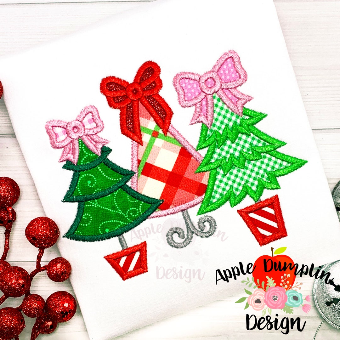 Christmas Tree Trio With Bows, Applique Design, Machine Embroidery ...