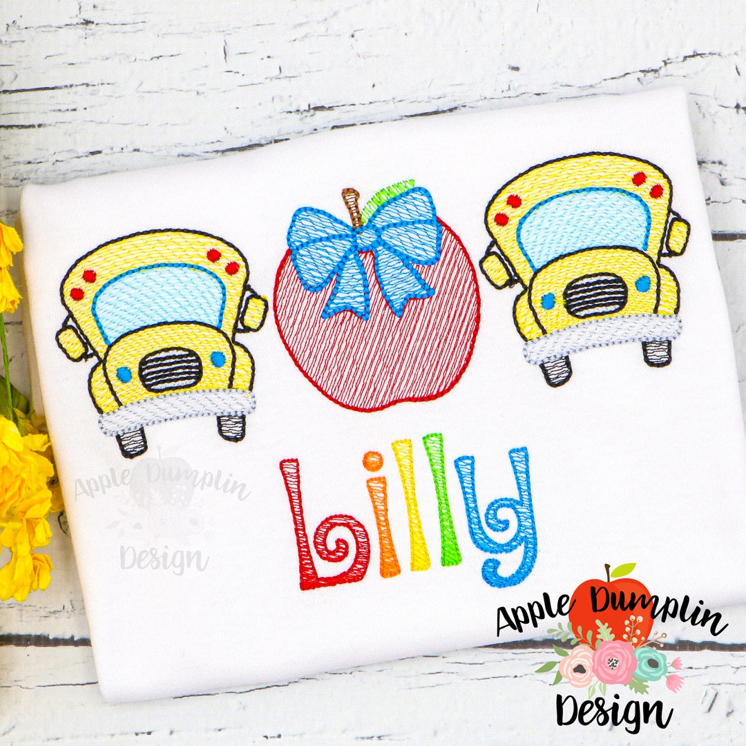 3 in a Row, Bus Apple Trio With Bow, Sketch Embroidery Design, Back to ...