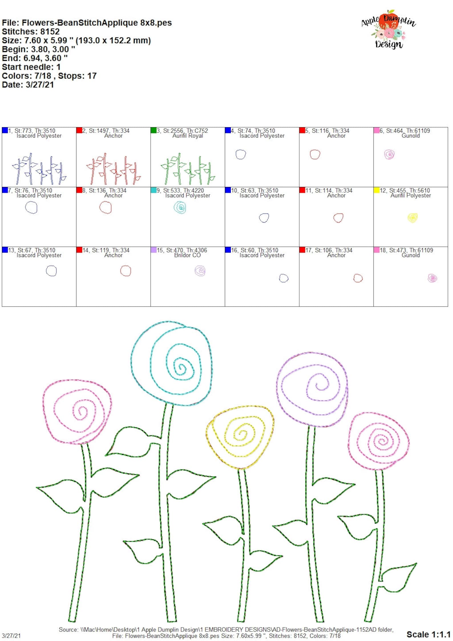 Flowers, Bean Stitch Applique, Machine Embroidery, Instant Download ...