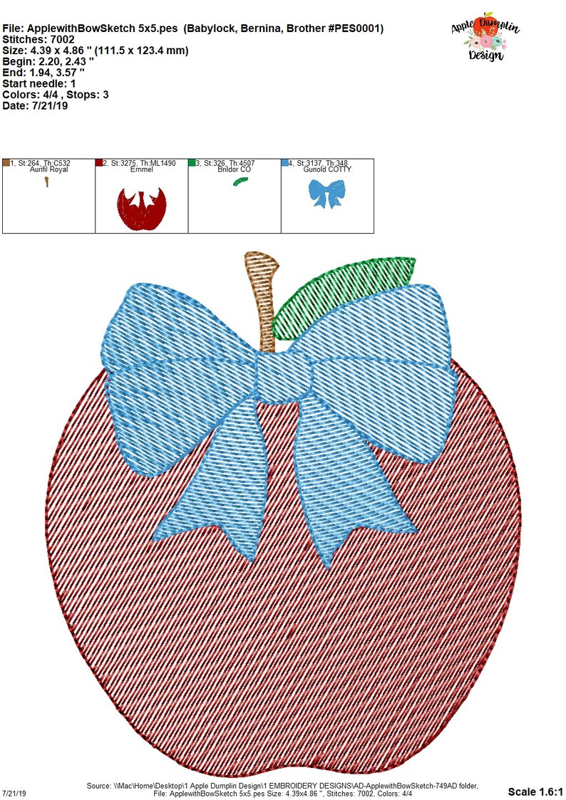 Apple With Bow, Sketch Embroidery Design, Back to School, Boy ...