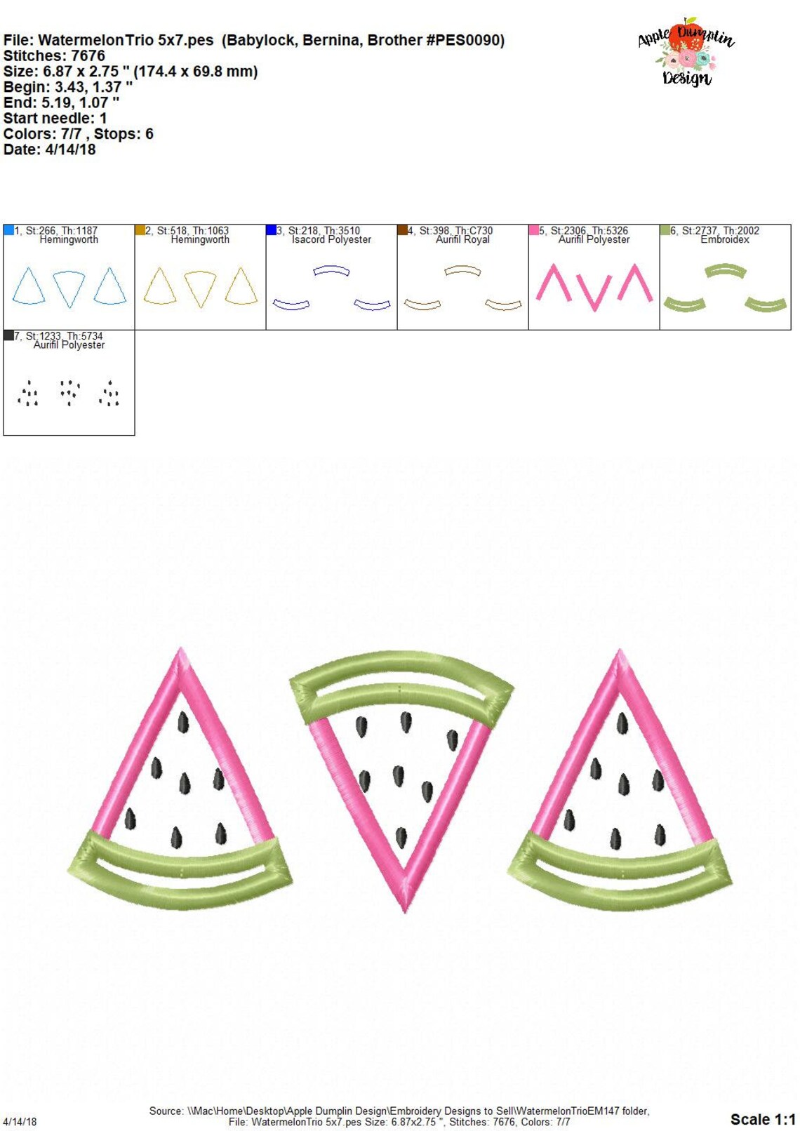 Watermelon Trio, Applique Design, Machine Embroidery Design, Summer ...