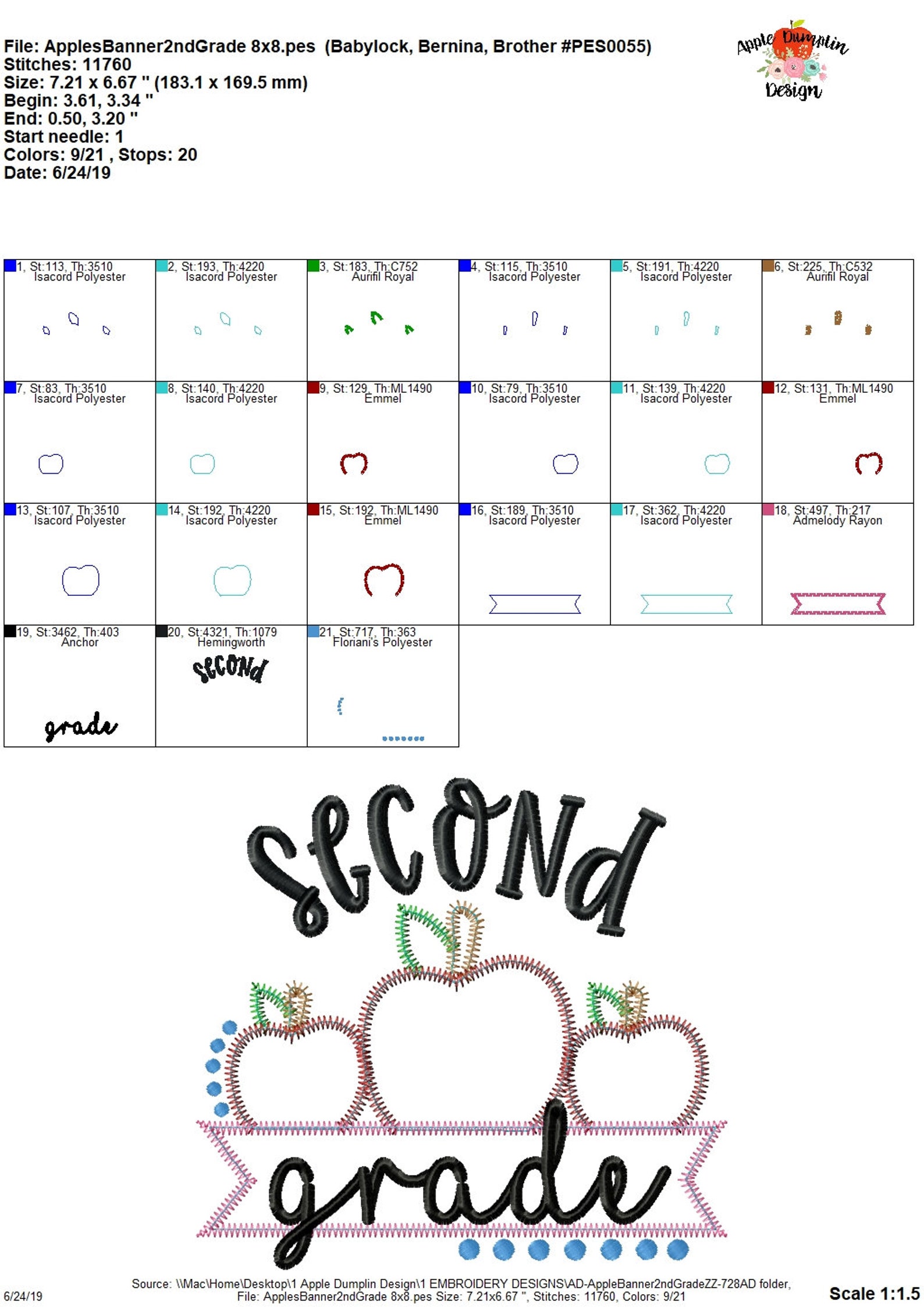Second Grade Apples With Banner Zigzag Applique Design - Etsy