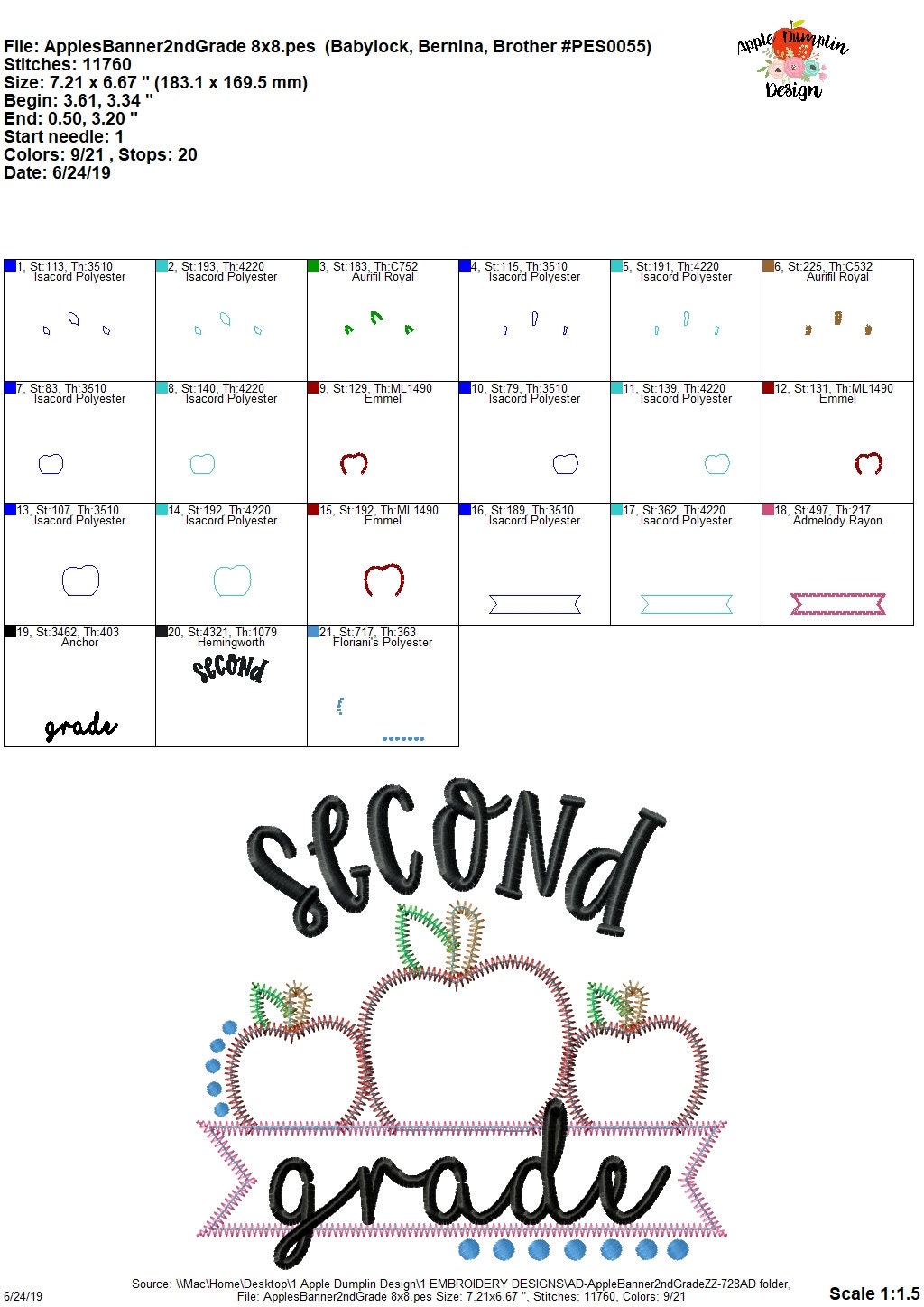 Second Grade Apples With Banner Zigzag Applique Design - Etsy