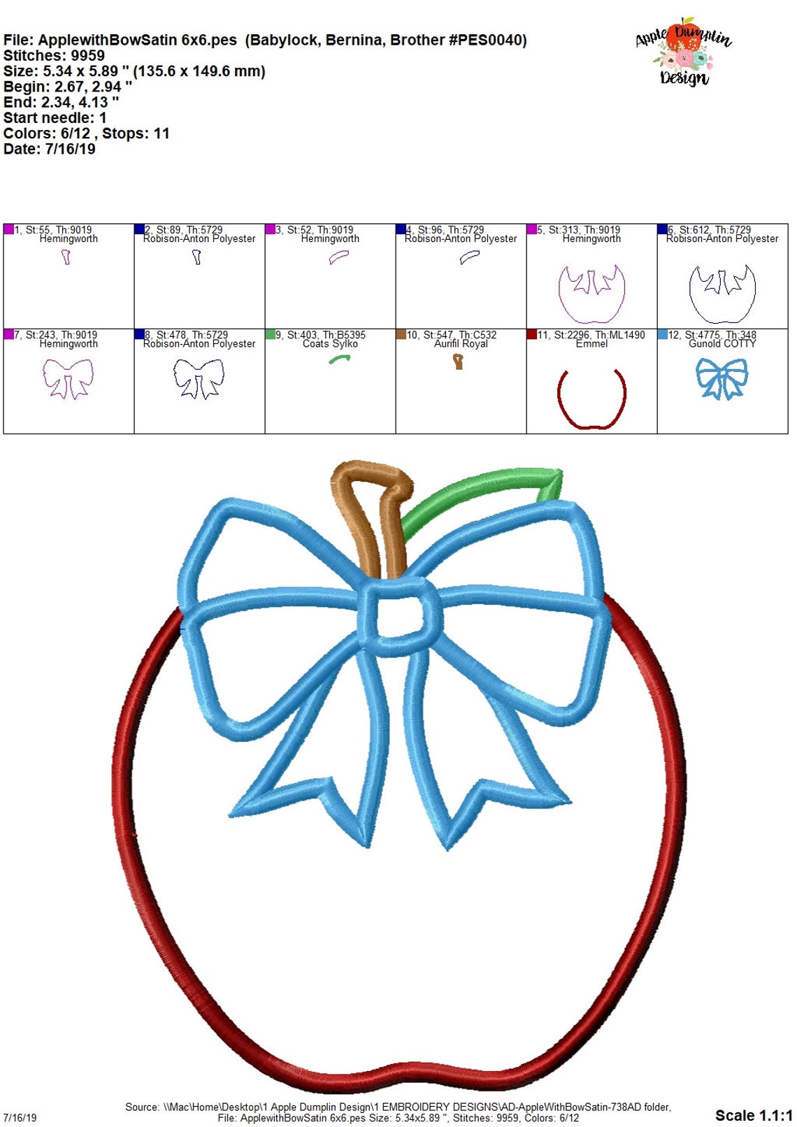 Apple With Bow, Applique Design, Machine Embroidery, Instant Download ...