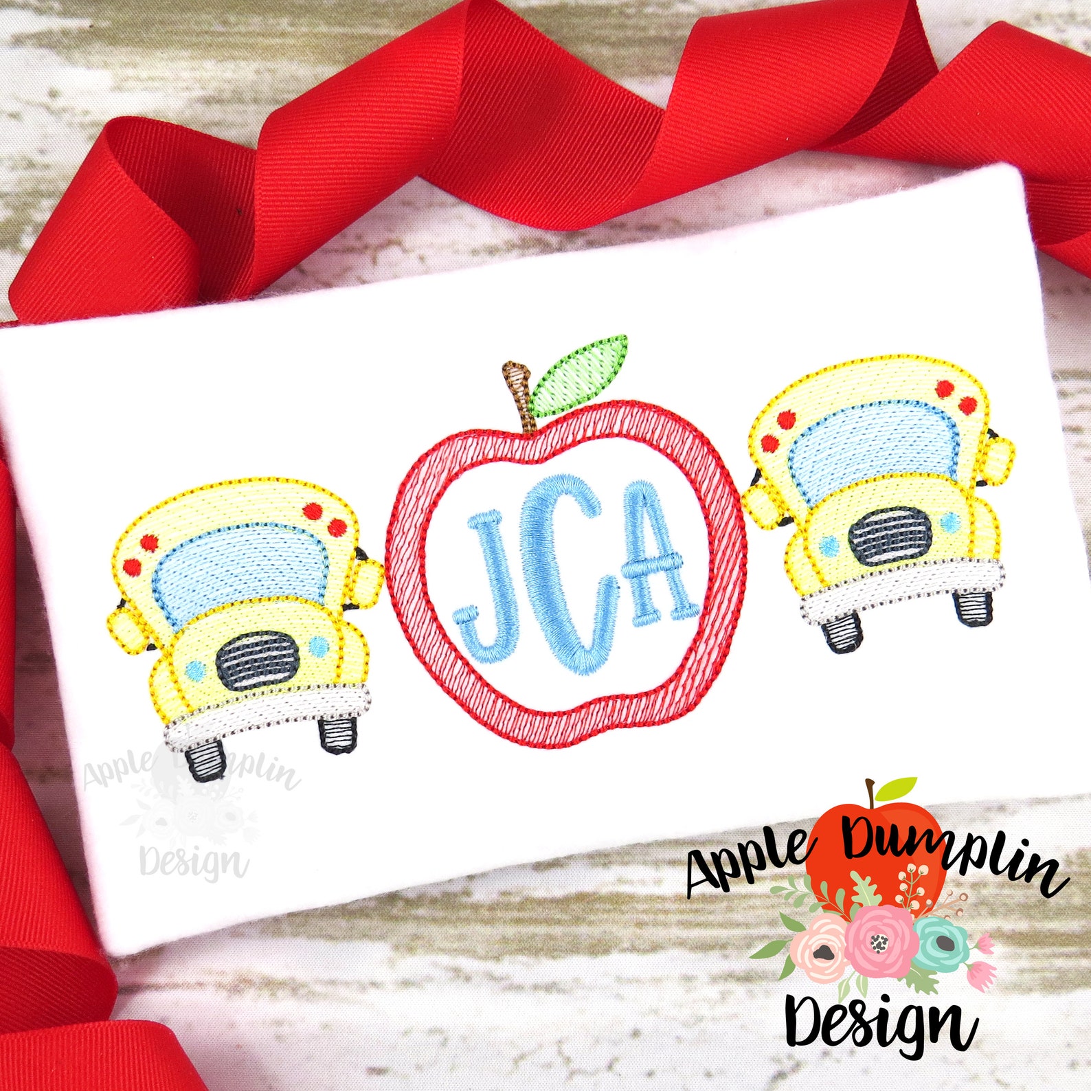 3 in a Row Bus Apple Trio Sketch Embroidery Design Back to - Etsy