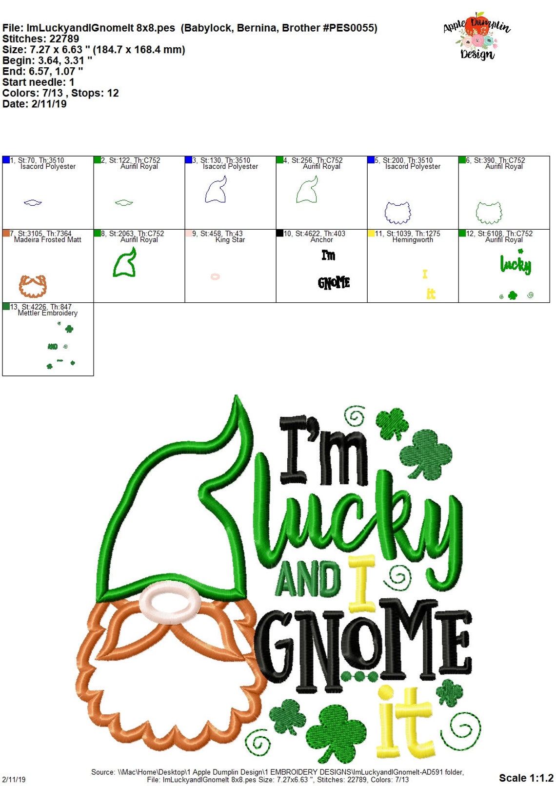 I'm Lucky and I Gnome It, Applique Design, Instant Download, 4x4, 5x5 ...
