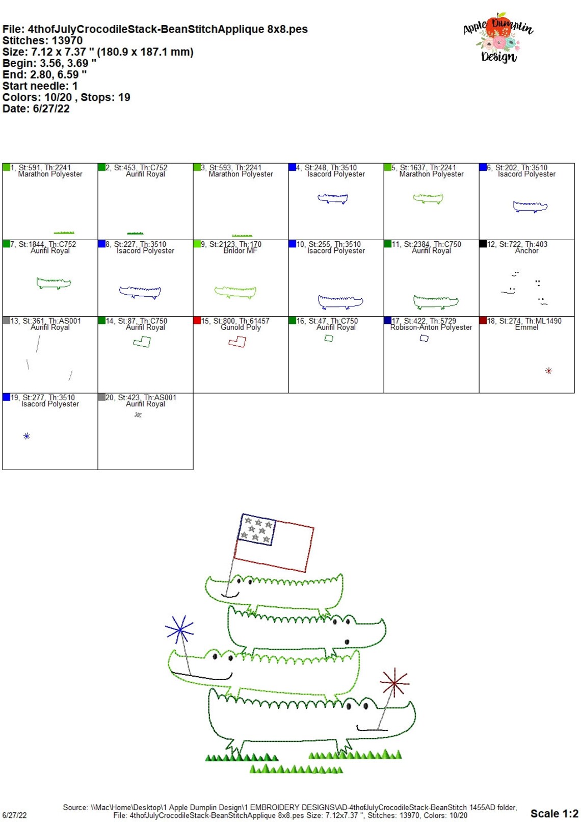 4th of July Crocodile Stack Bean Stitch Applique Machine - Etsy