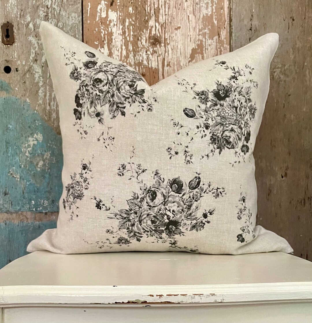 Beige, Grey and Black Floral Linen Pillow Cover, Decorative Shabby ...