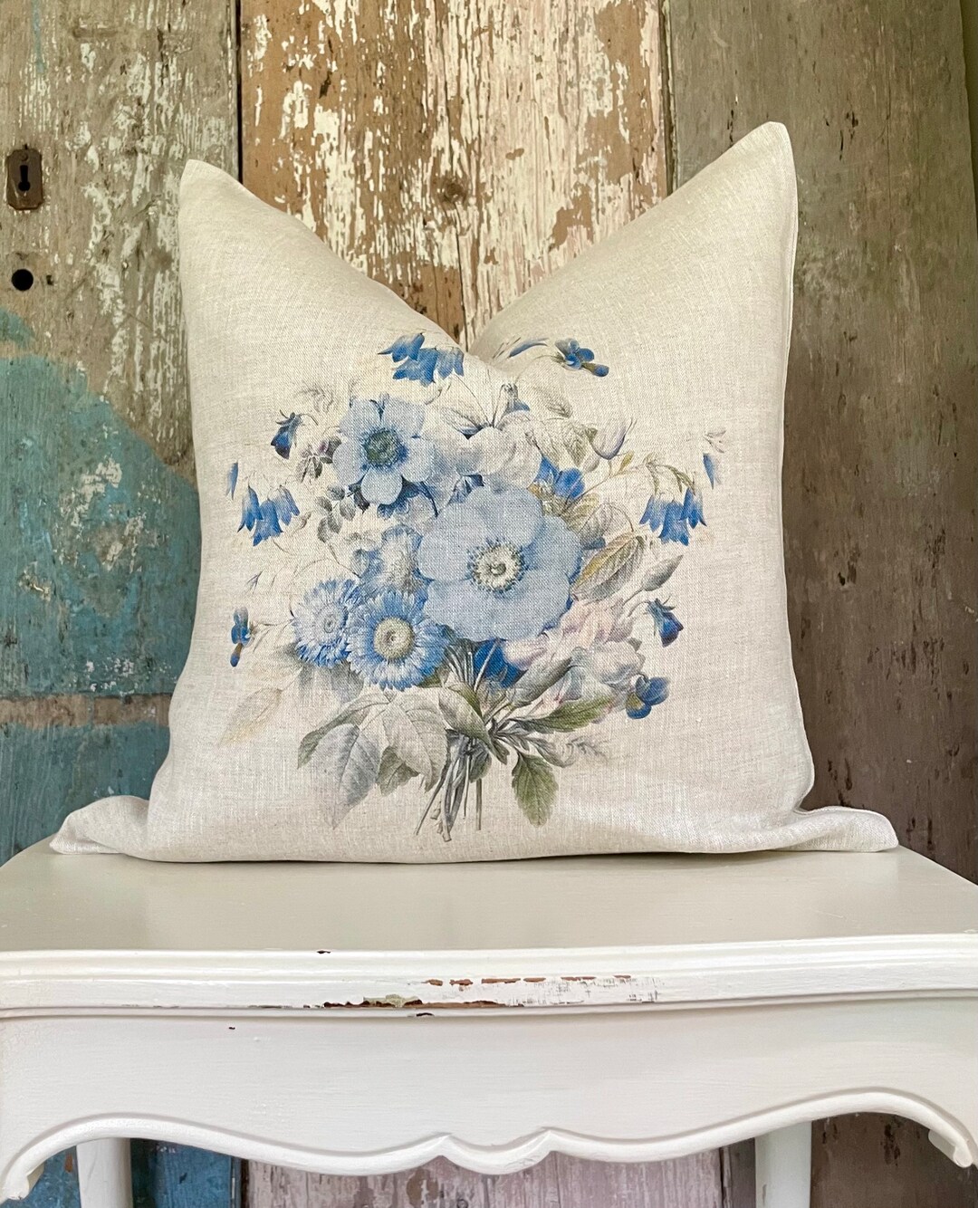 Beige and Blue Floral Linen Pillow Cover, Decorative Shabby Farmhouse ...