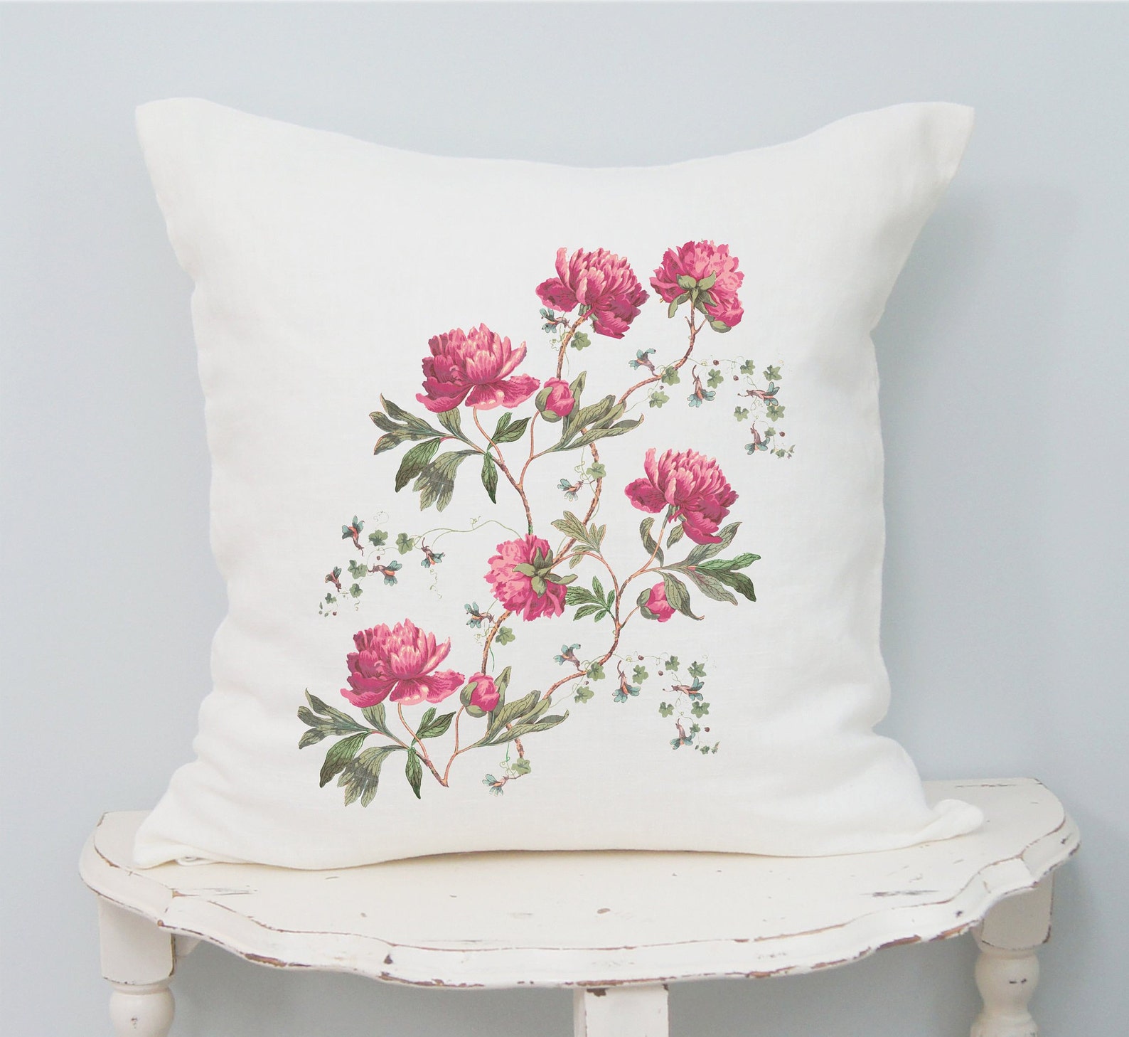 Peony Floral Linen Pillow Cover, Cottage Chic, Shabby Decor, French ...