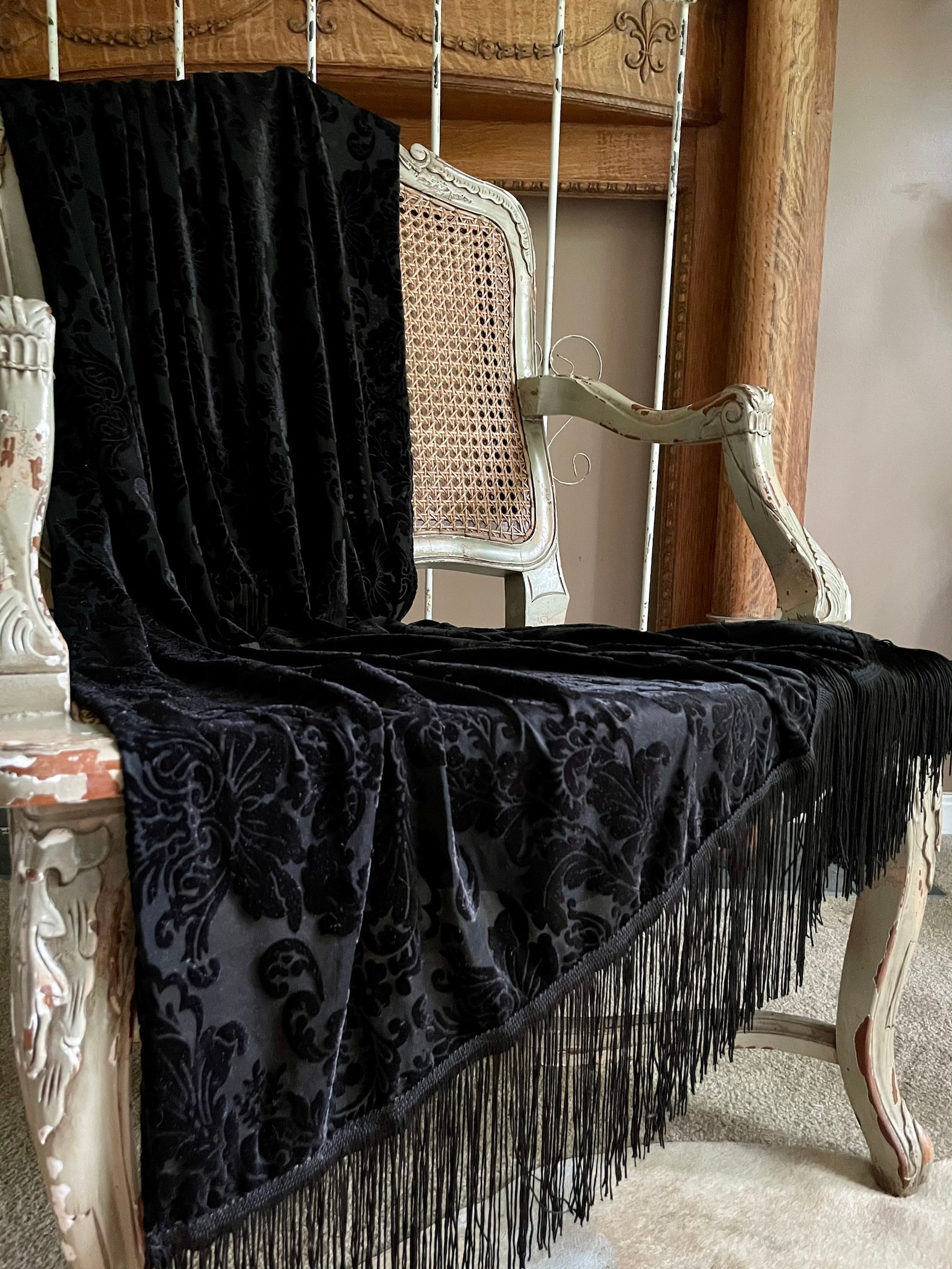 Black Damask Velvet Fringe Throw, Elegant Bed Scarf, Photography Prop ...