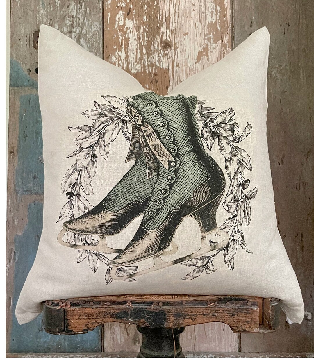 Victorian Ice Skate Beige Linen Pillow Cover, Vintage Farmhouse Holiday ...