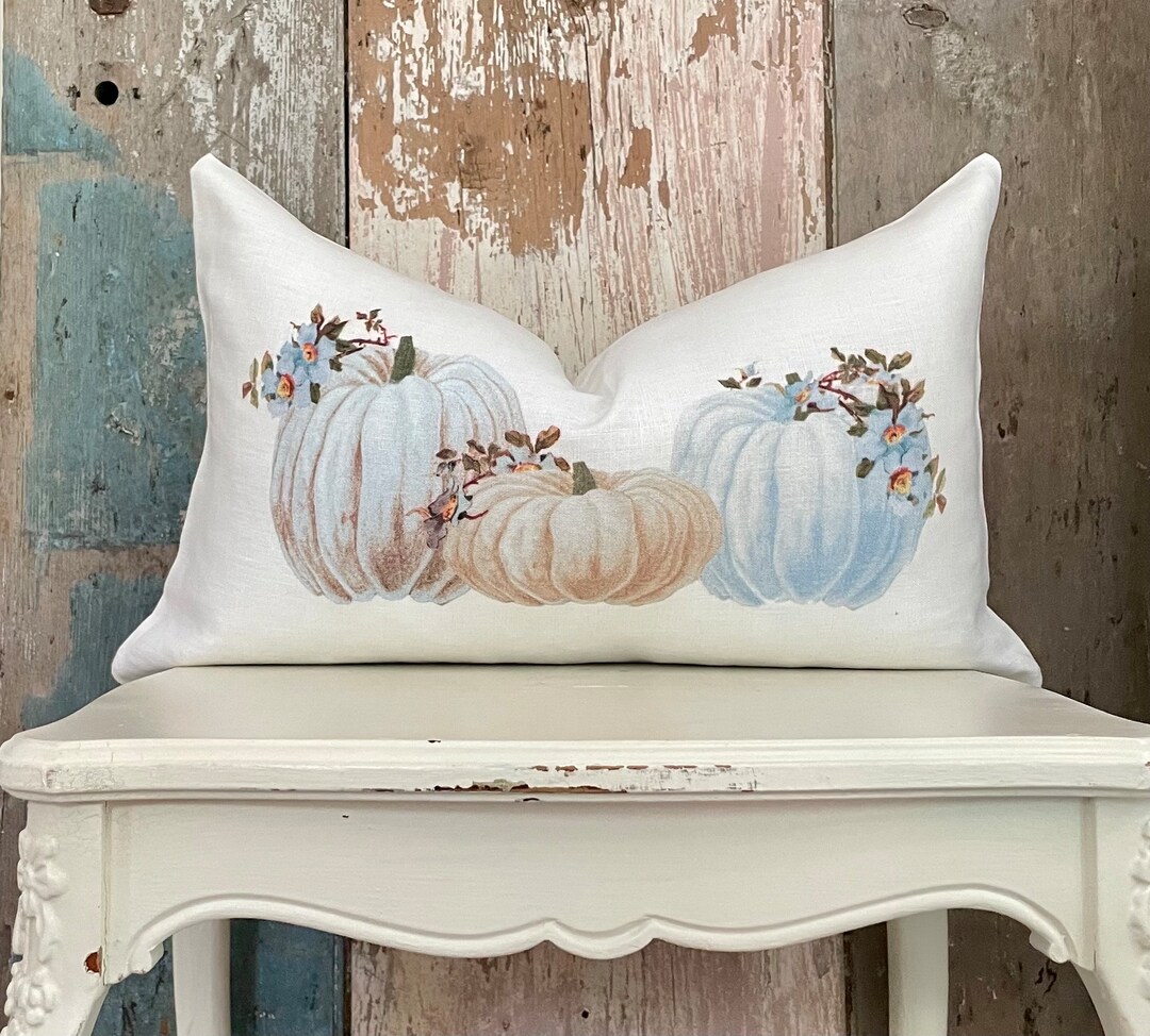 Blue Pumpkin Linen Lumbar Pillow Cover, Fall Farmhouse Sofa Pillow ...