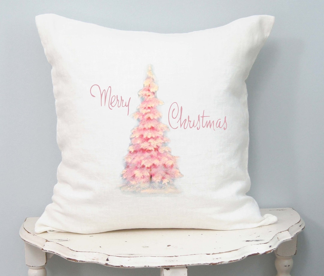 Pink Christmas Tree Pillow Cover, Shabby Cottage Chic Christmas, Retro ...