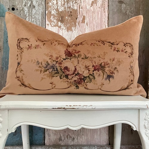 Floral Tapestry Tan Velvet Lumbar Pillow Cover Vintage - Etsy