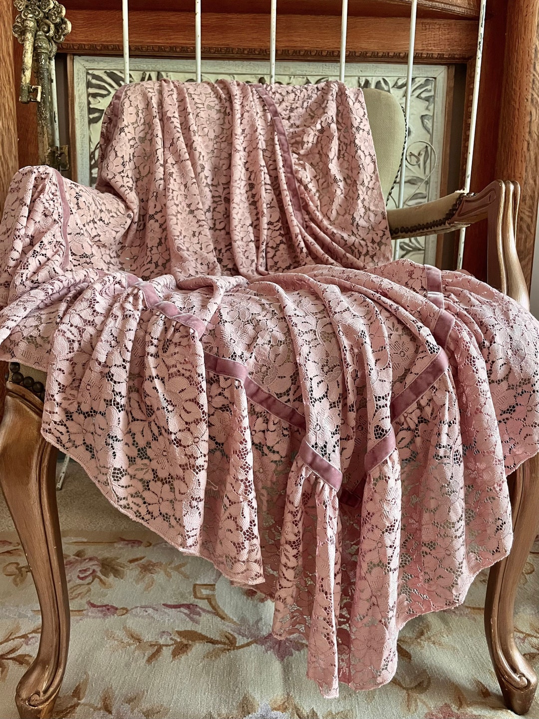 Rose Pink Ruffle Lace Throw, Elegant Photography Prop, Cottage Chic ...