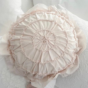 Blush Pink Round Ruffle Pillow Cover, 16” Circle Cushion, Shabby ...