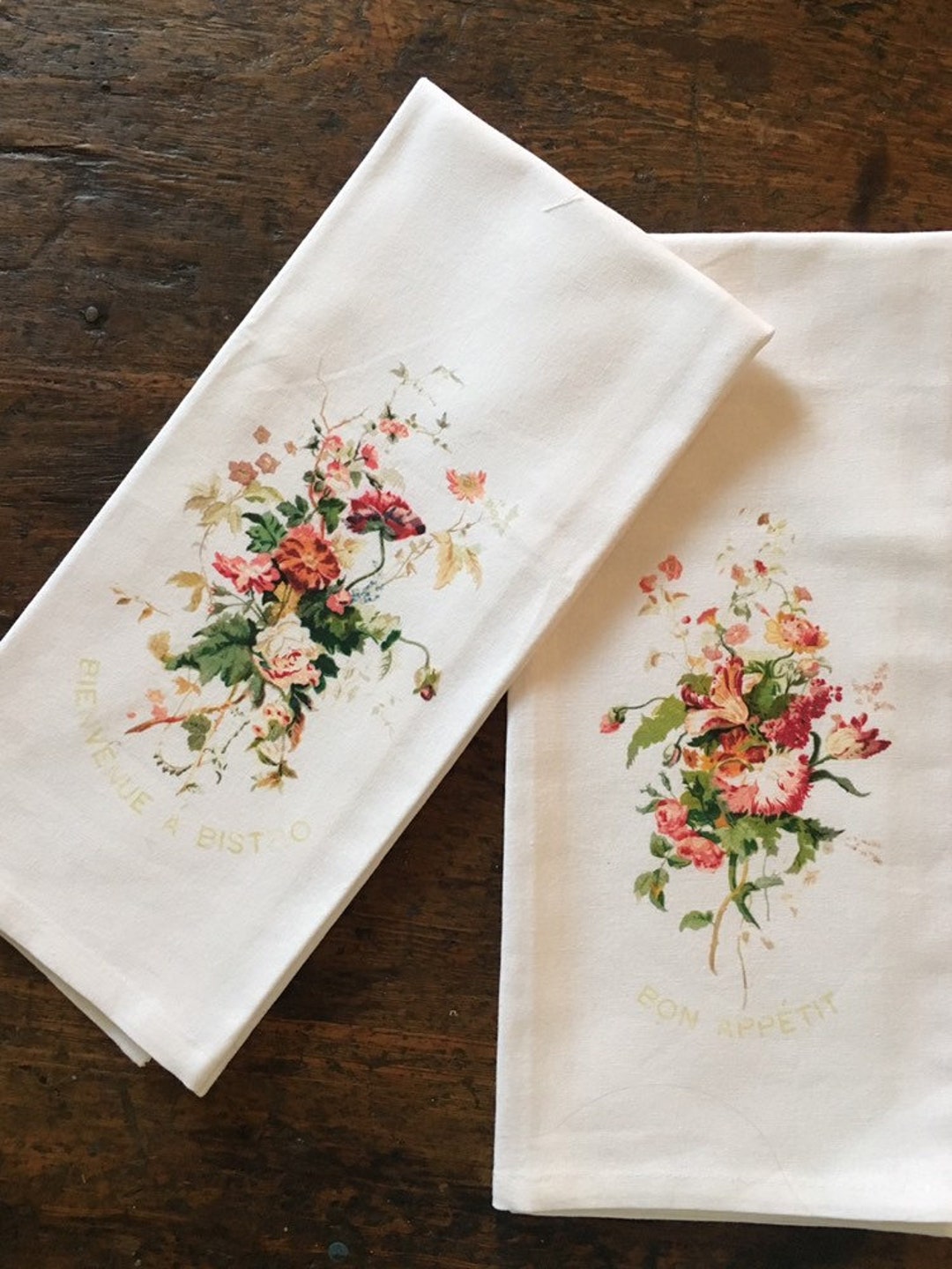 Vintage Floral Tea Towel Set, Botanical Flower Linen Dishtowels, Shabby ...