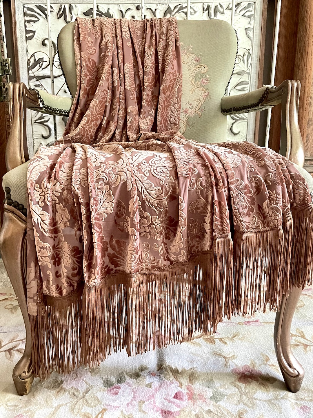 Golden Rust Velvet Fringe Throw, Cottage Chic Blanket, Elegant Bed ...