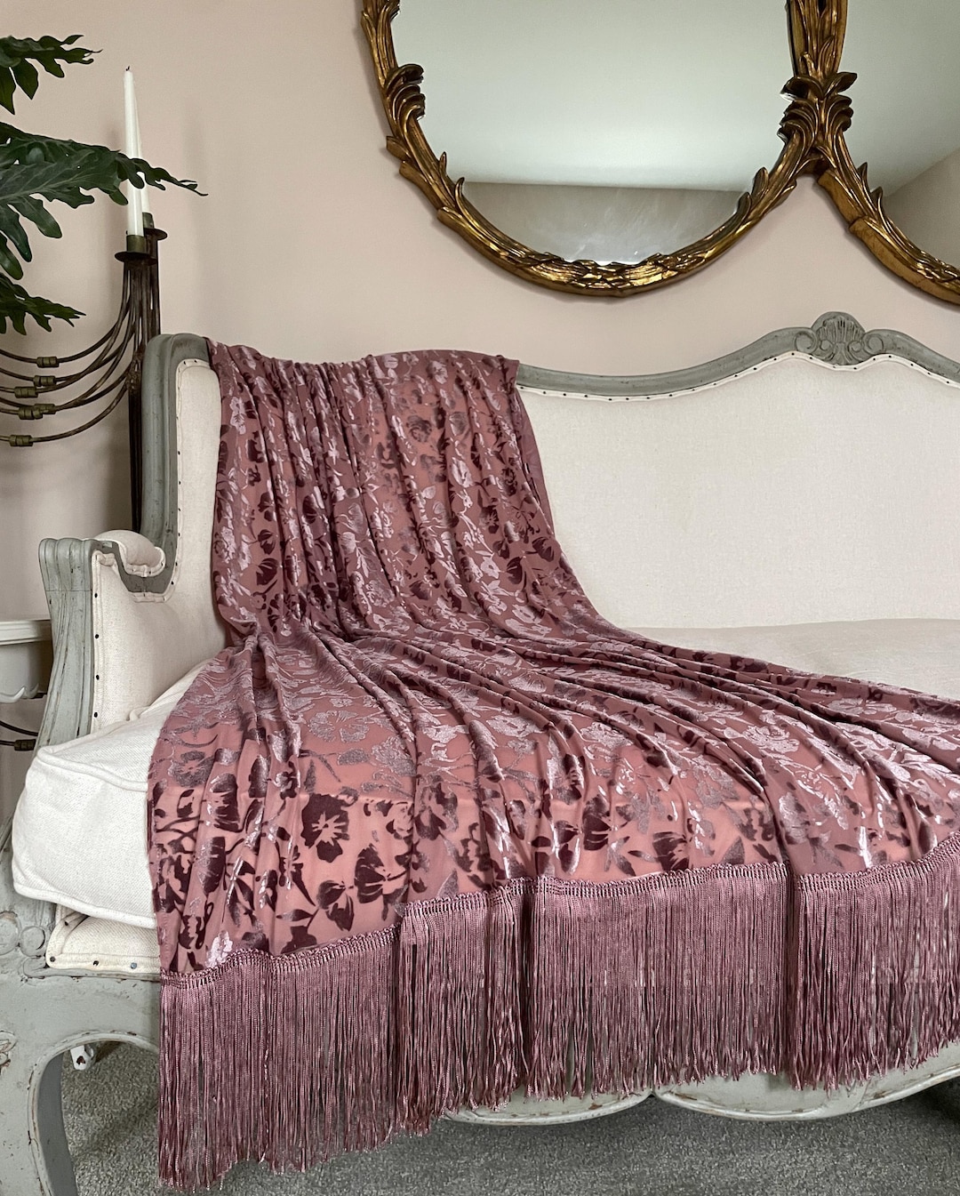 Dusty Rose Pink Velvet Fringe Throw, Shabby Blanket, Cottage Chic ...