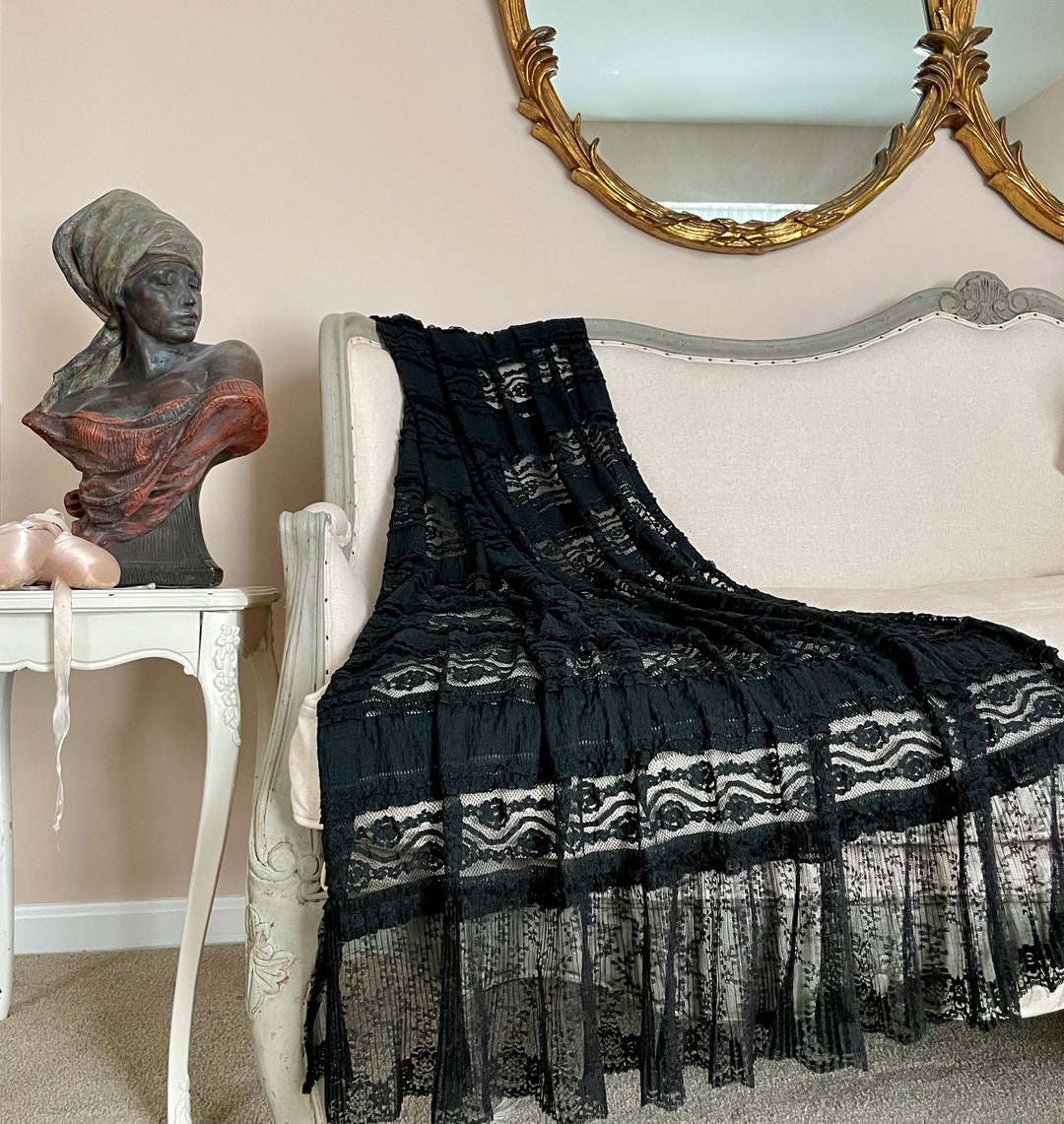 Black Ruffle Lace Throw, Elegant Whimsigoth Photography Prop, Cottage ...