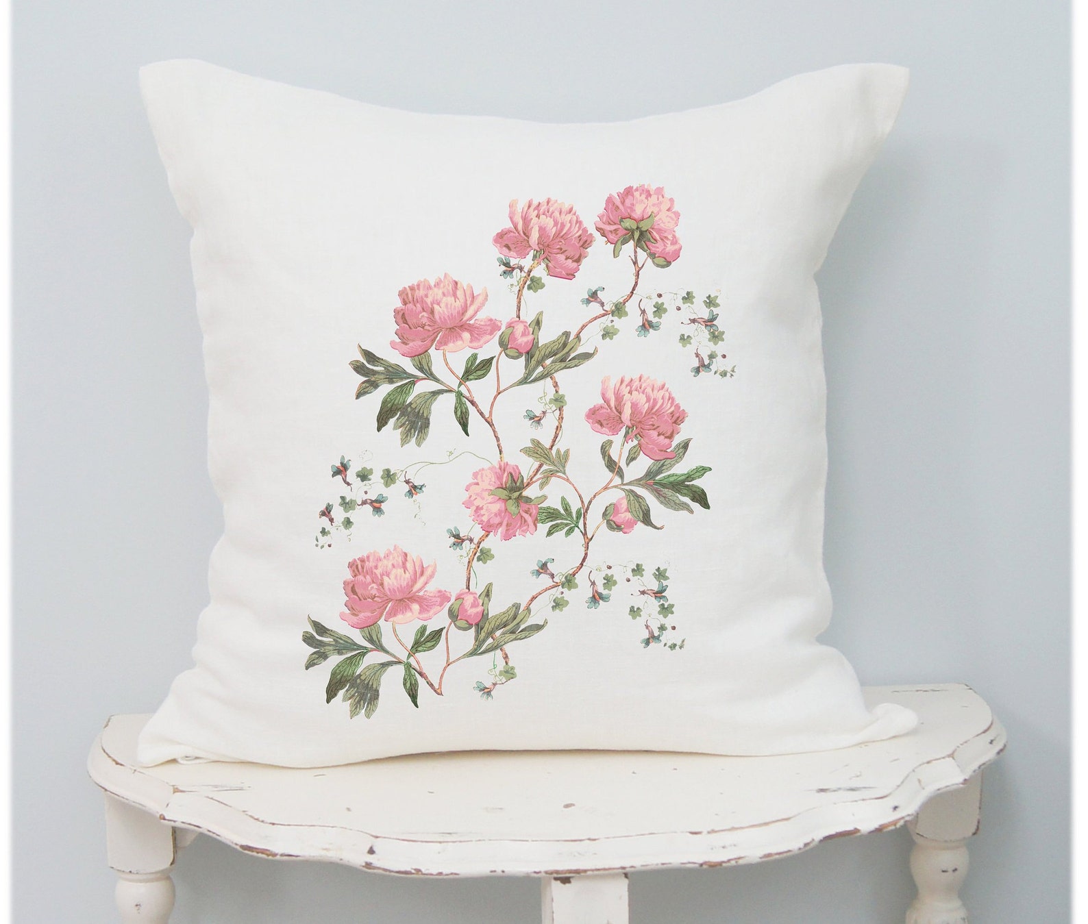 Peony Floral Linen Pillow Cover, Cottage Chic, Shabby Decor, French ...
