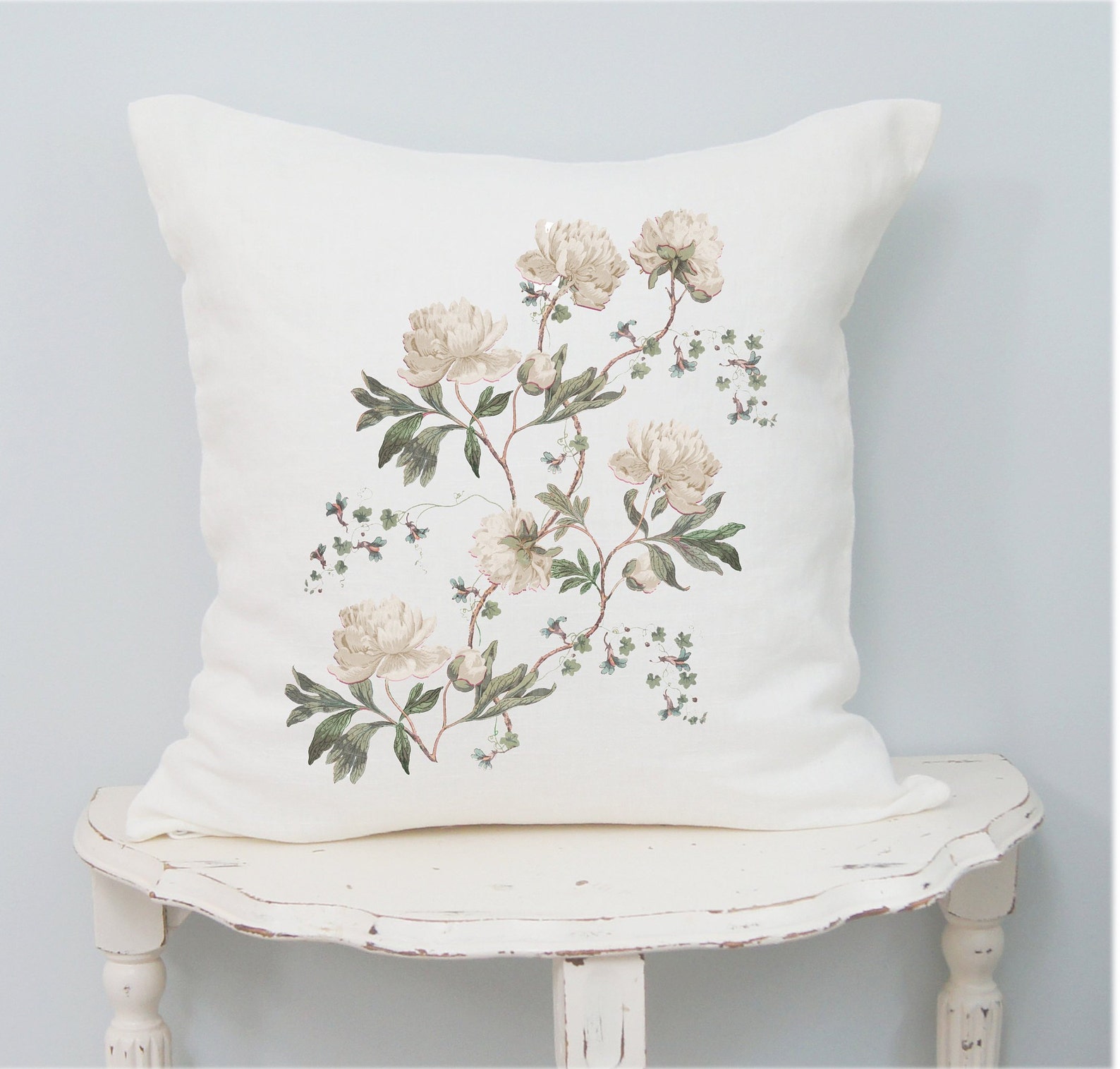 Peony Floral Linen Pillow Cover, Cottage Chic, Shabby Decor, French ...