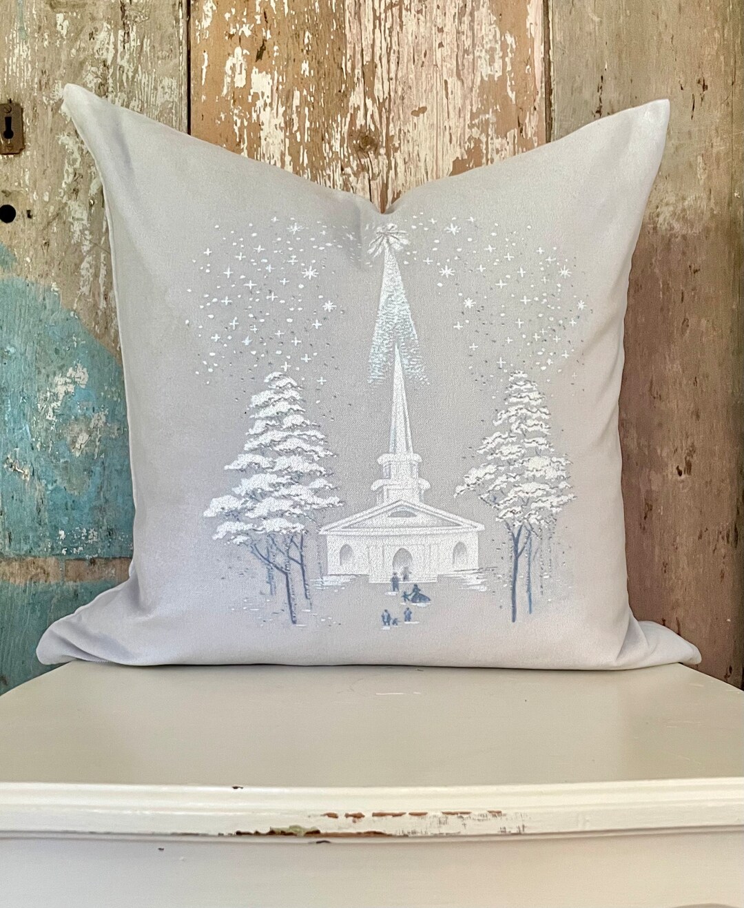 Light Blue Christmas Church Velvet Pillow Cover, Shabby Cottage Chic ...