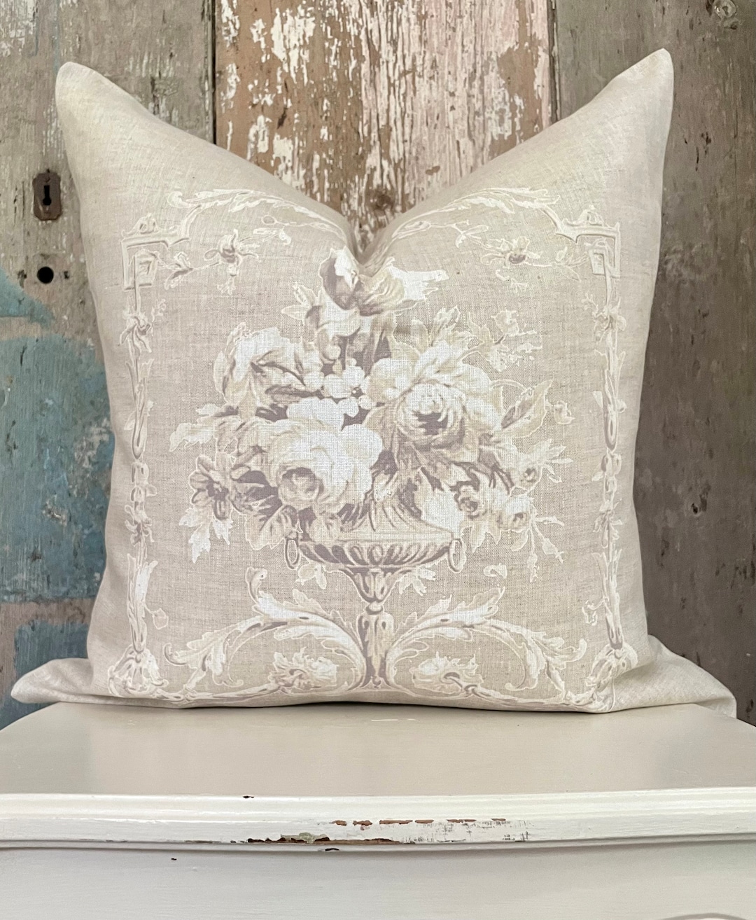 Beige Linen Floral Pillow Cover, Shabby French Country Cushion, French ...